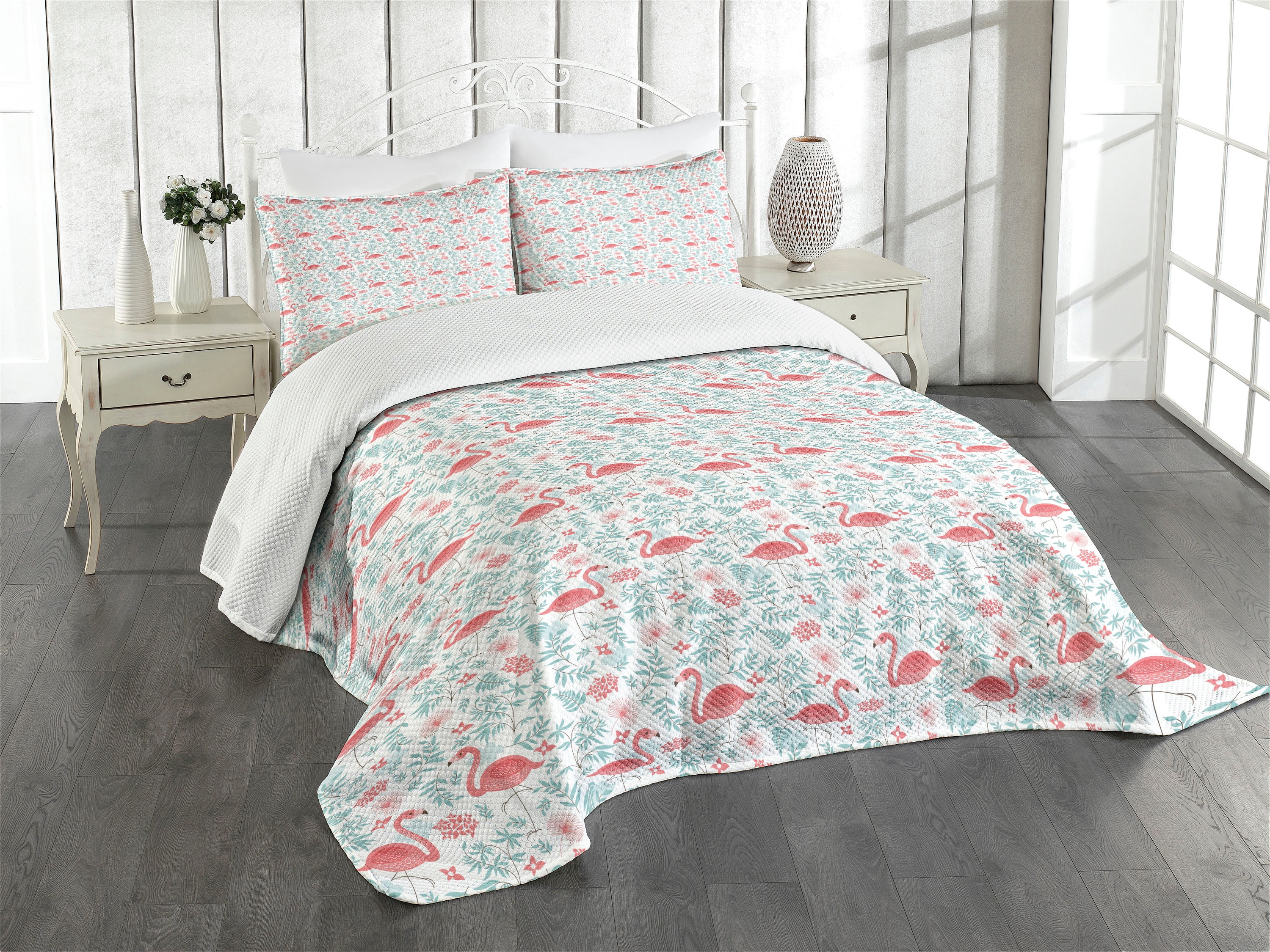 Ambesonne Flamingo Quilted Bedspread Set 3 Pcs, Botanical Flourish ...