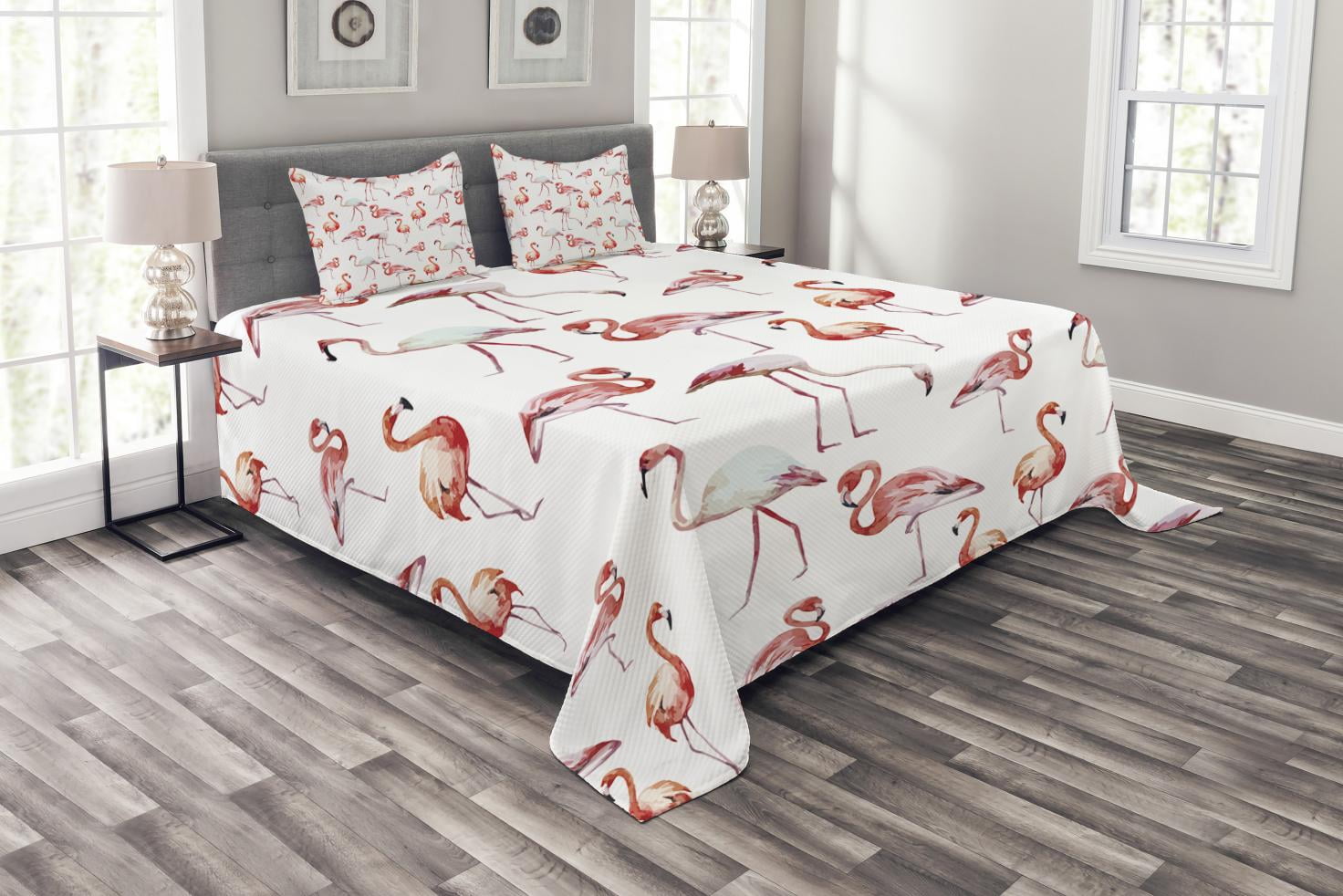 Ambesonne Flamingo Quilted Bedspread Set 3 Pcs, Exotic Birds Pattern ...
