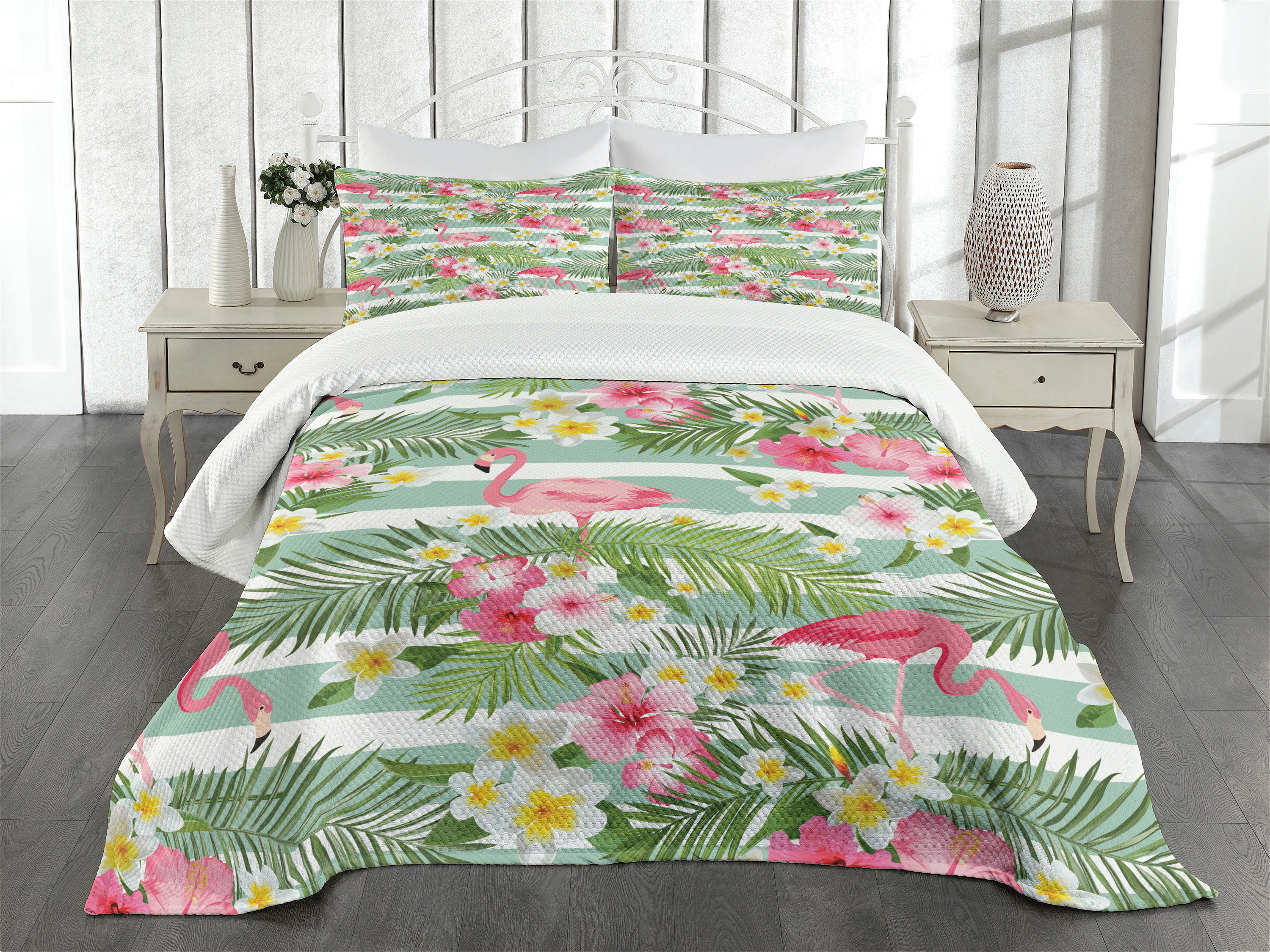 Ambesonne Flamingo Quilted Bedspread Set 3 Pcs, Exotic Hawaiian Leaf ...