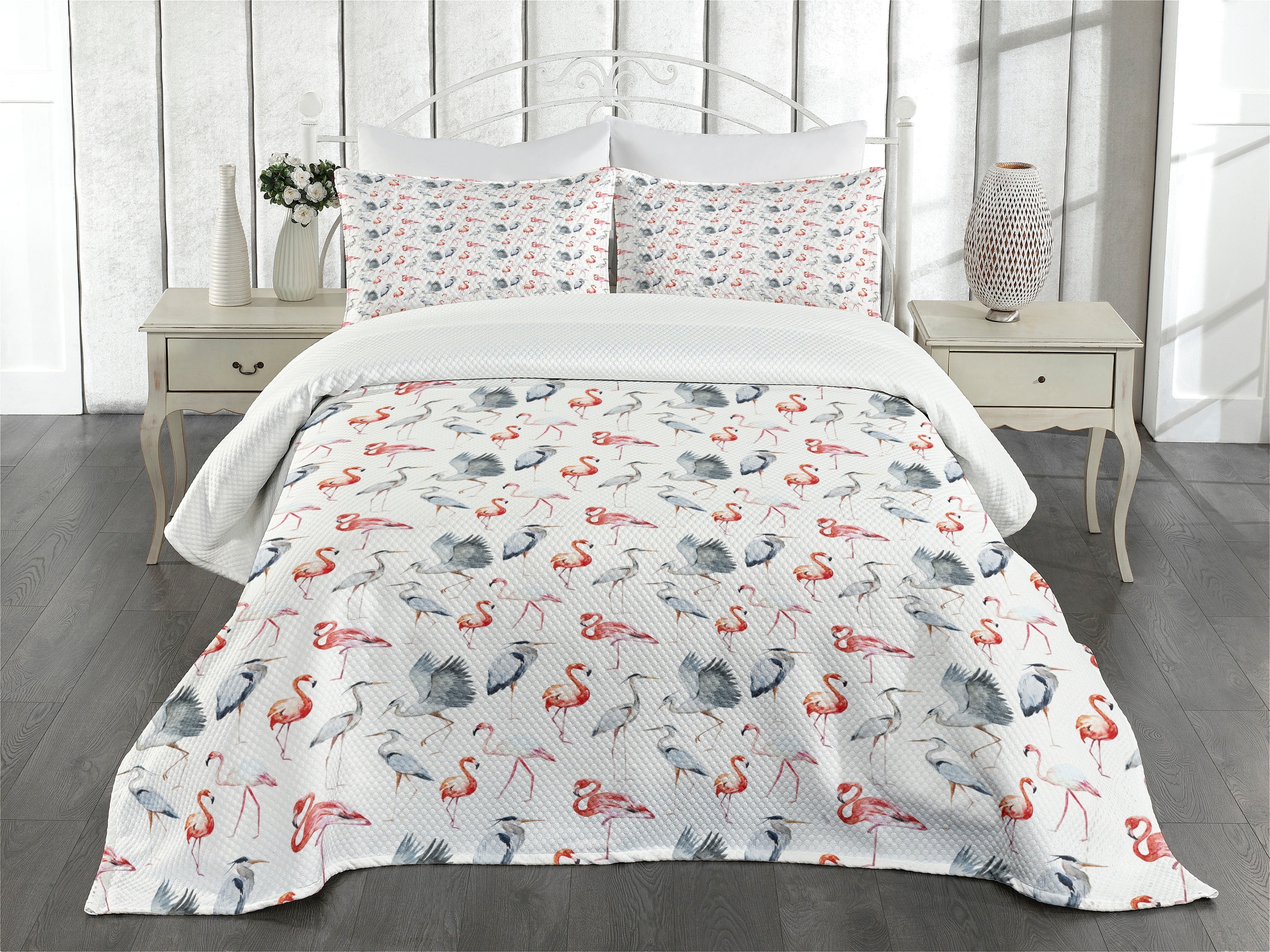 Ambesonne Flamingo Quilted Bedspread Set 3 Pcs, Heron Birds Watercolor ...