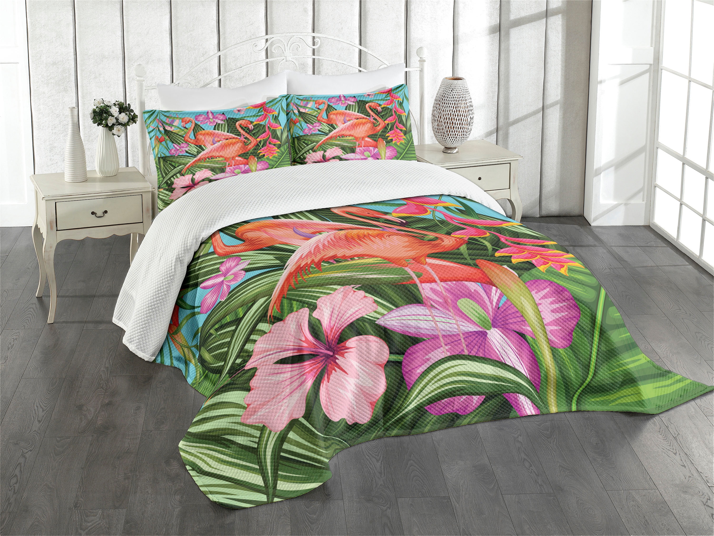 Ambesonne Flamingo Quilted Bedspread Set 3 Pcs, Hibiscus Tropic Flower ...