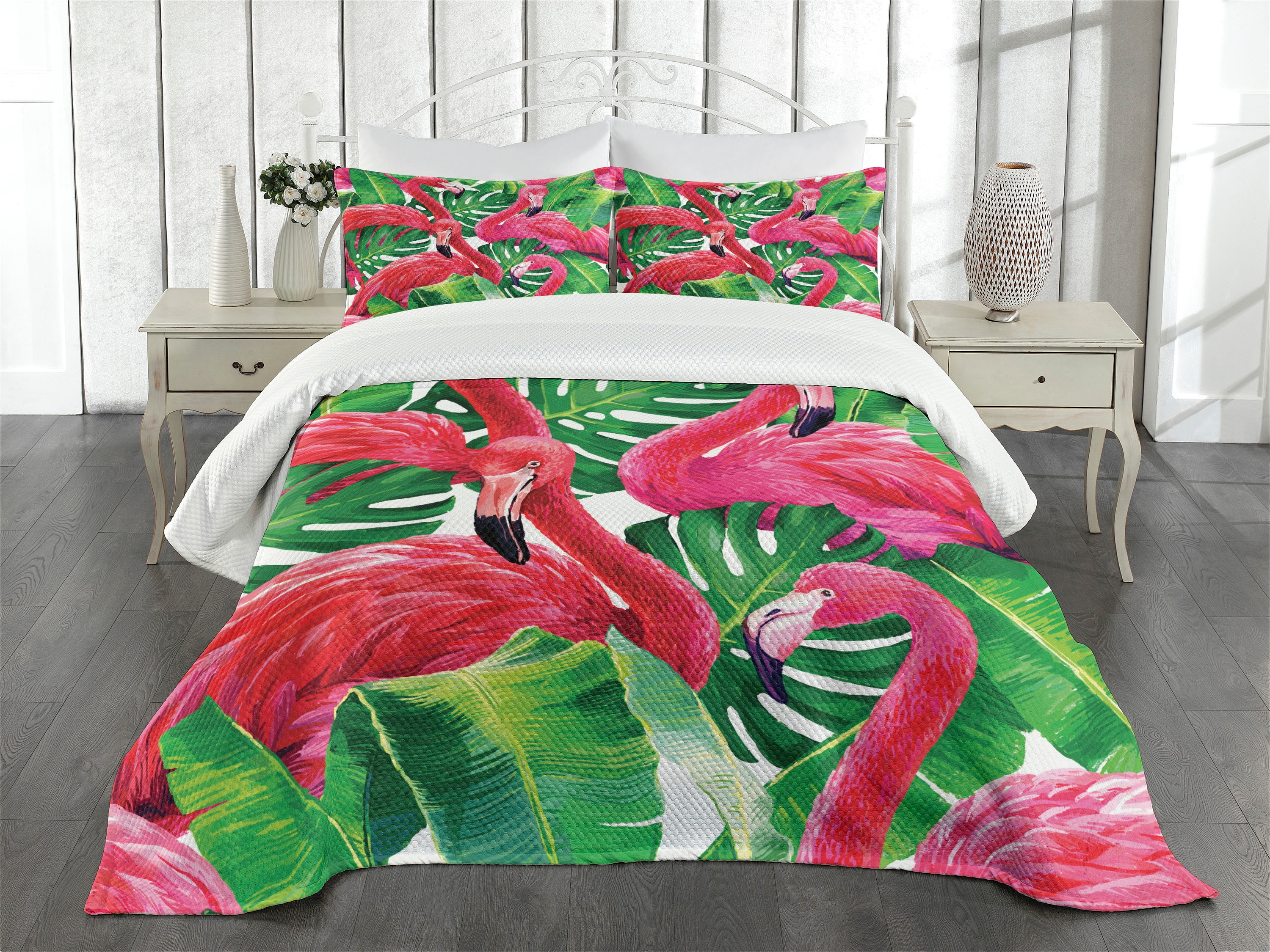 Ambesonne Flamingo Quilted Bedspread Set 3 Pcs, Retro Exotic Leaves ...
