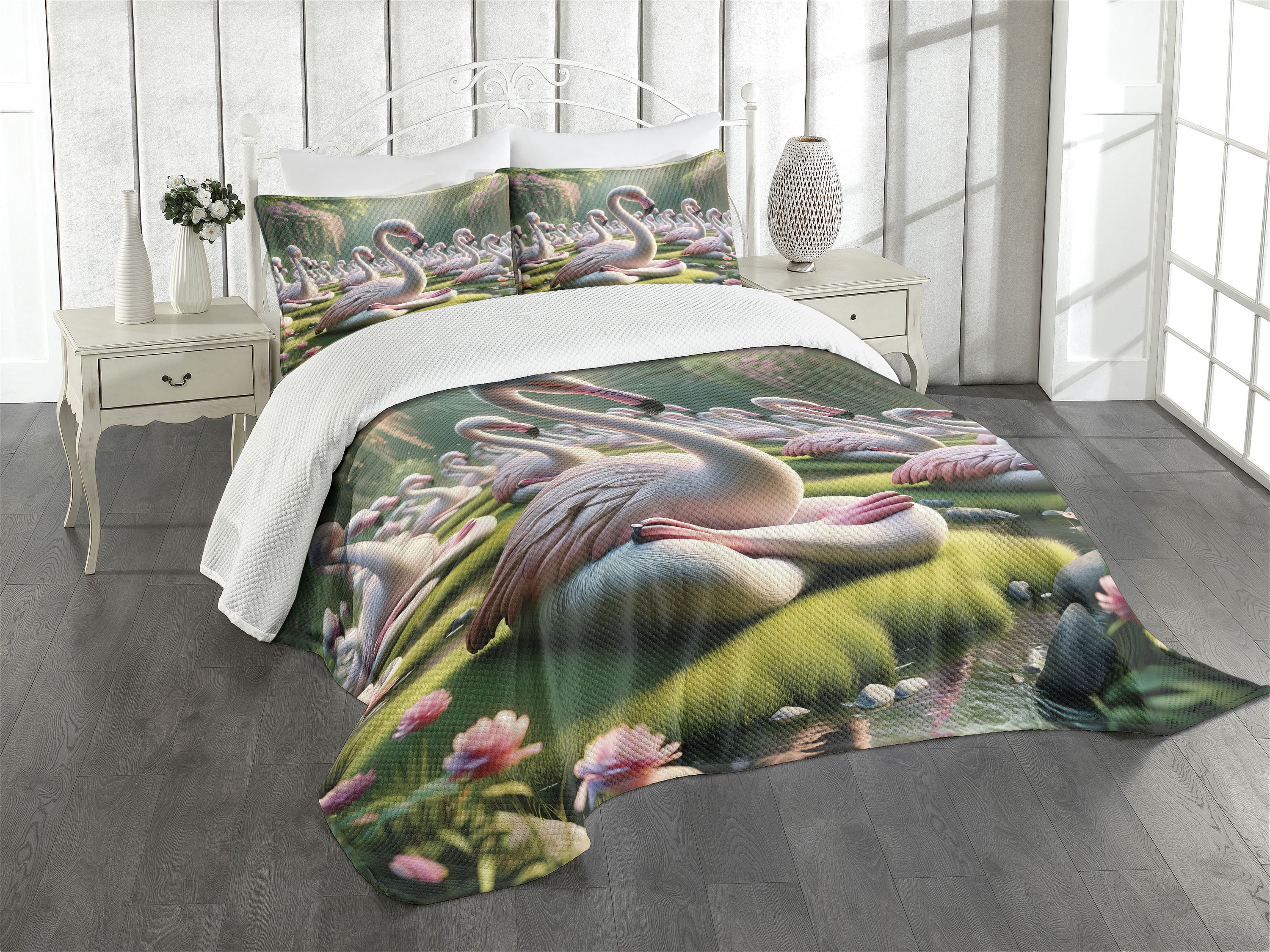 Ambesonne Flamingo Quilted Bedspread Set 3 Pcs, Serene Birds Nature ...