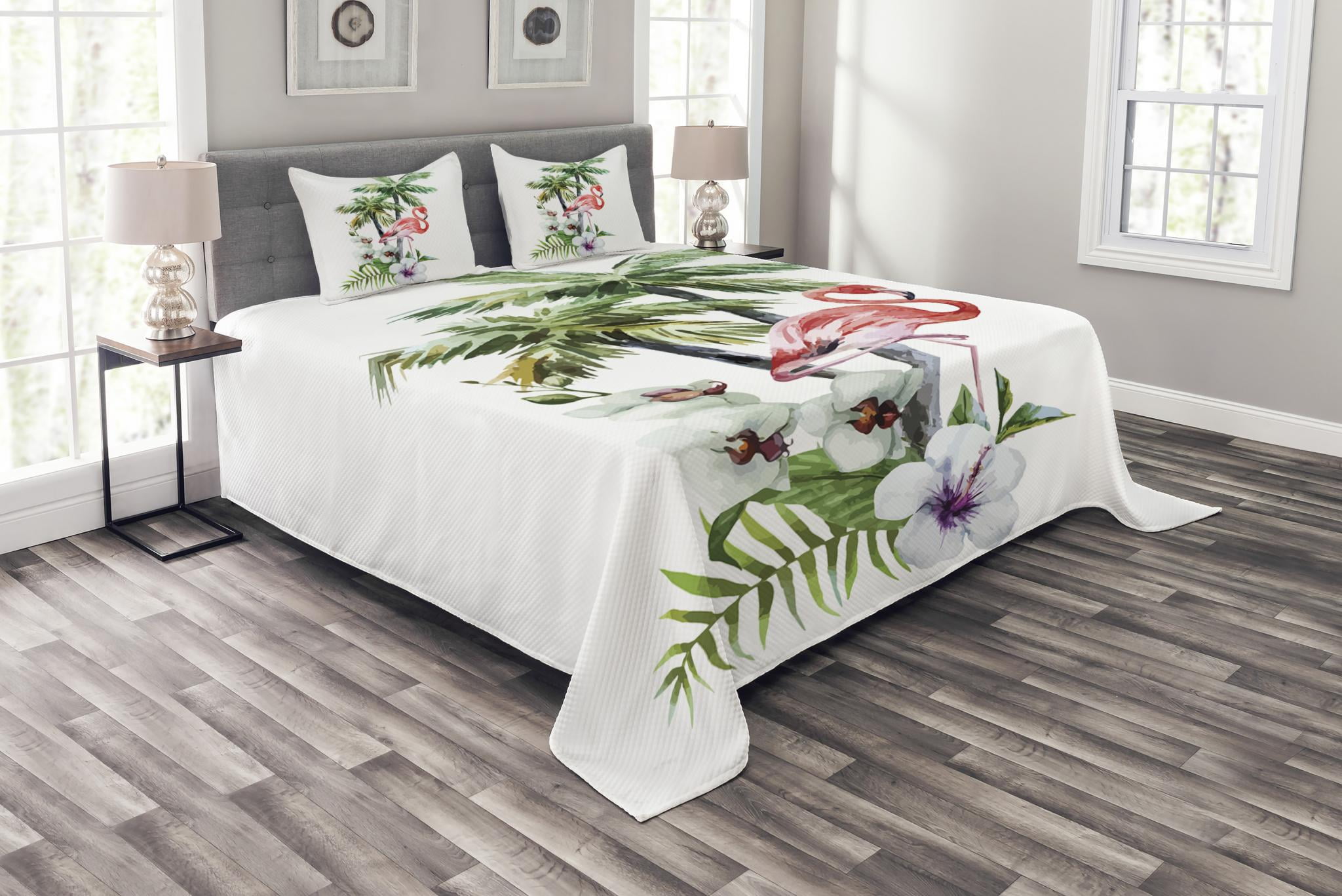 Ambesonne Flamingo Quilted Bedspread Set 3 Pcs, Watercolor Art Trees ...