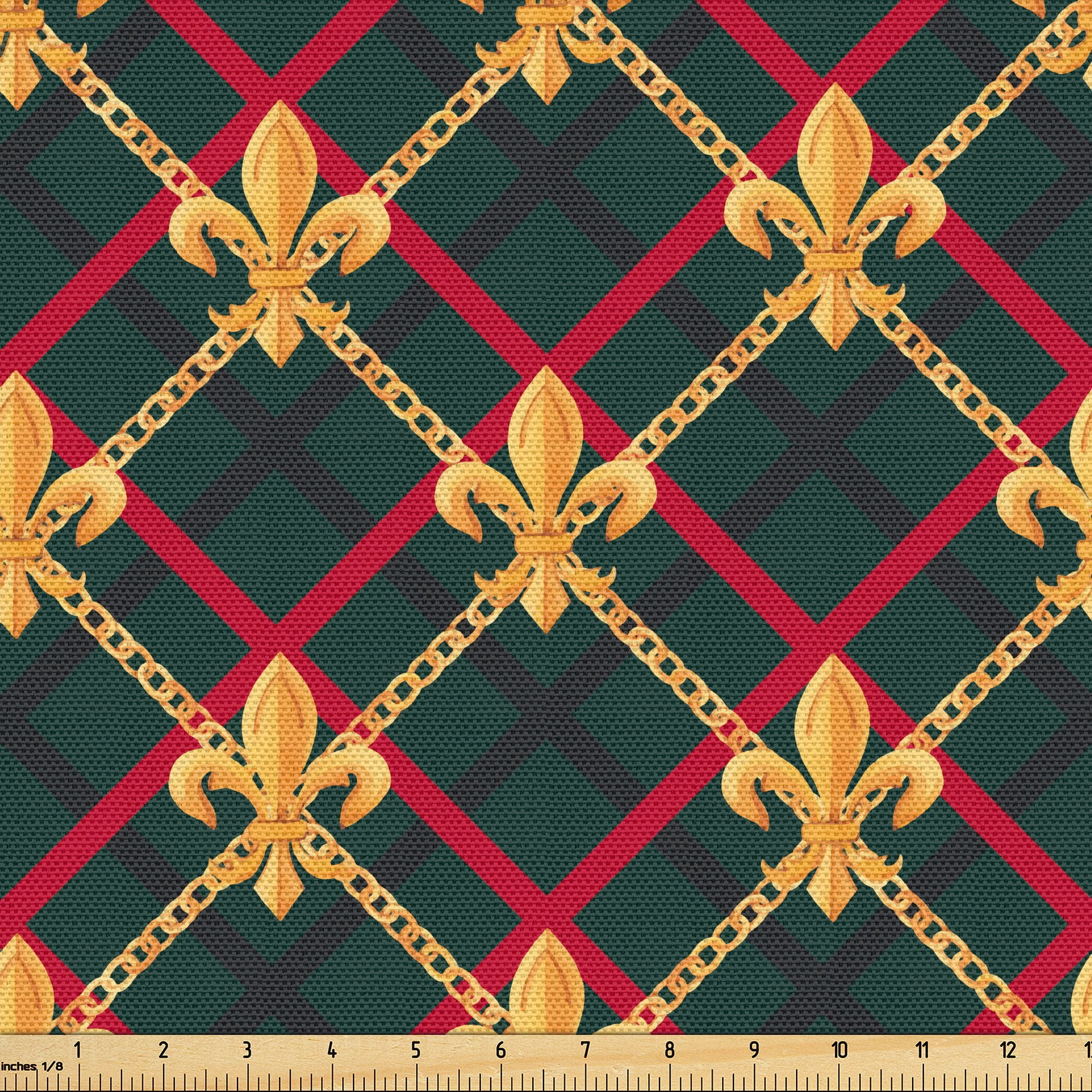 Ambesonne Fleur de Lis Fabric by the Yard Upholstery, Checkered Plaid ...