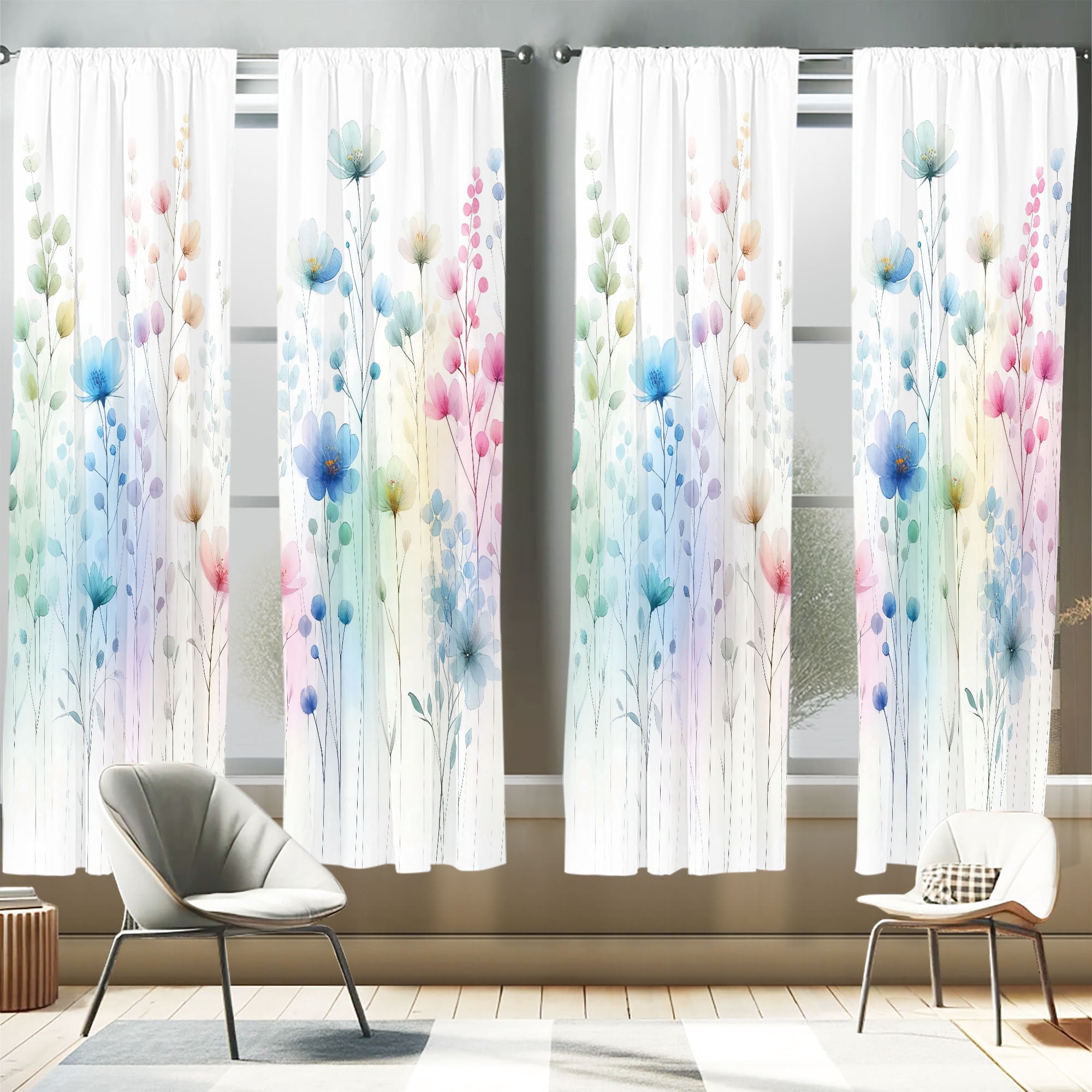 Ambesonne Floral 4-Panel Curtains, Dreamy Art Celestial Flowers, 56"x63 ...