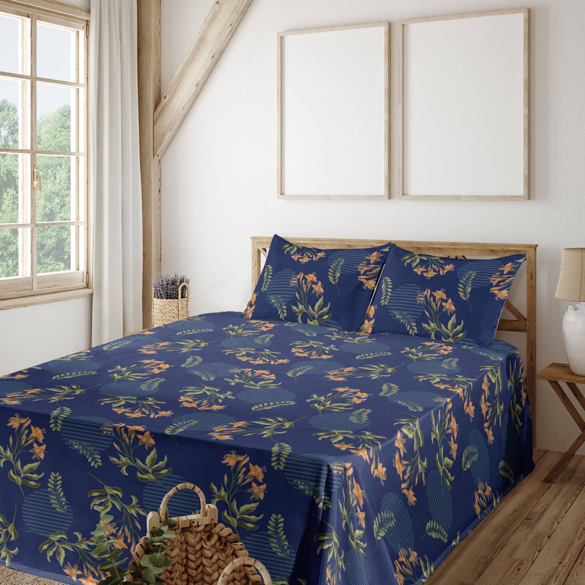 Ambesonne Floral Abstract Print Fitted & Flat Sheet with Shams 4 Pcs ...