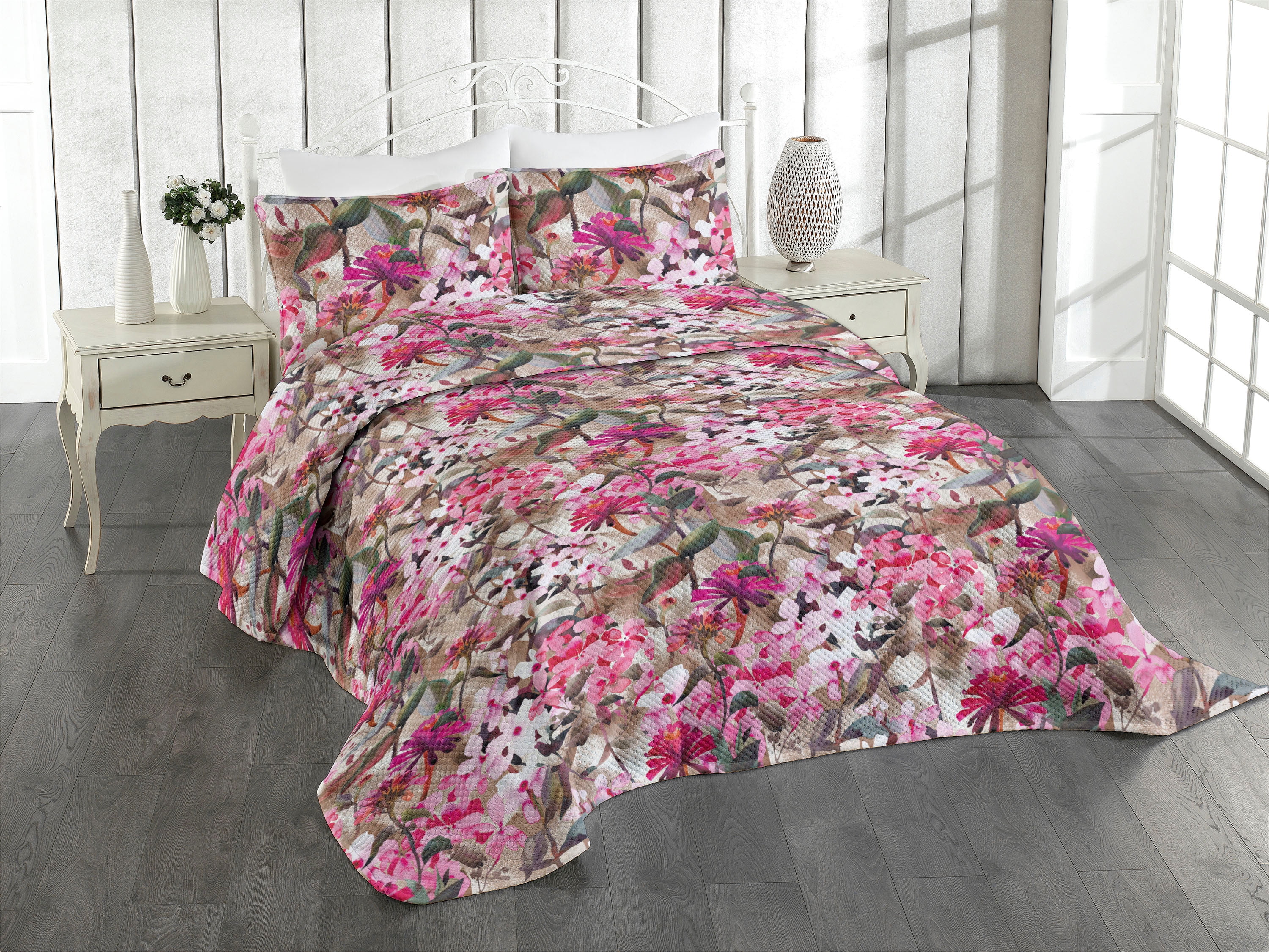 Ambesonne Floral Aquarelle Quilted Coverlet 3 Pcs, Art Romance Floral ...