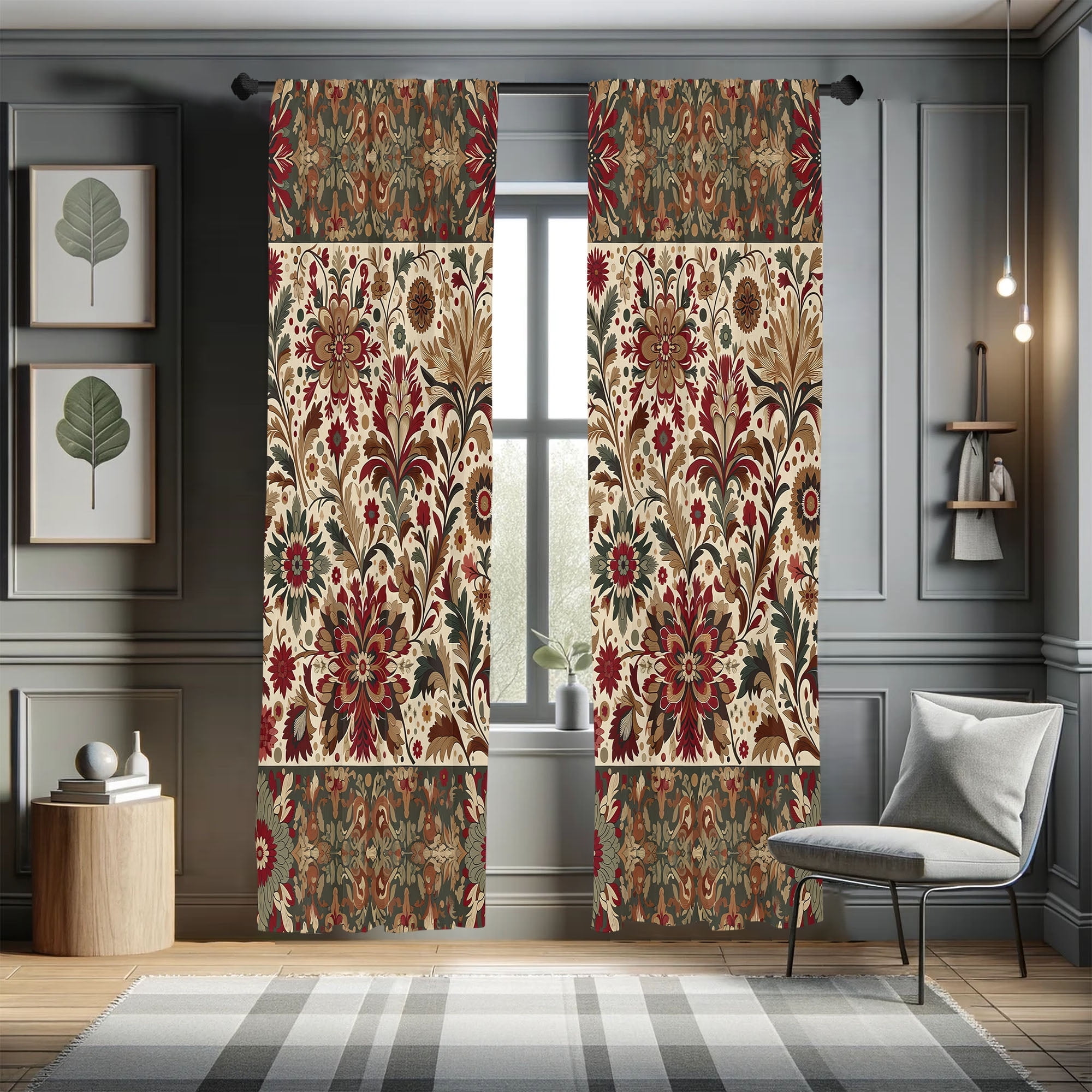 Ambesonne Floral Art Curtains 2 Panel Set Ethno Oriental Leaves Pair