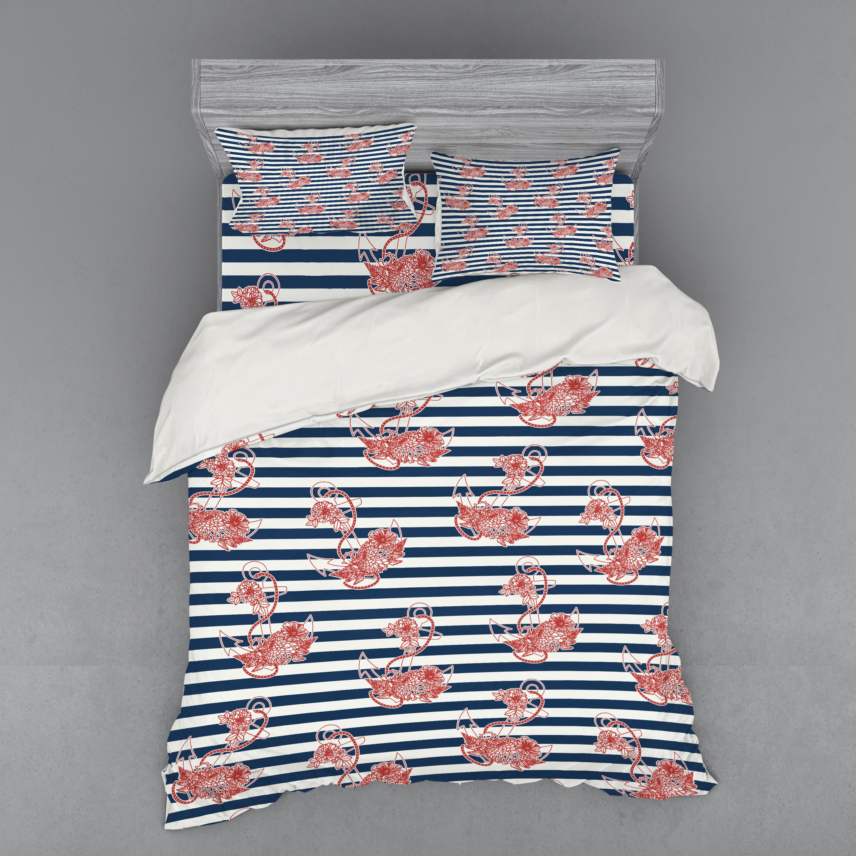 Ambesonne Floral Bedding Set 4 Pcs, Anchor Striped Backdrop, Queen ...