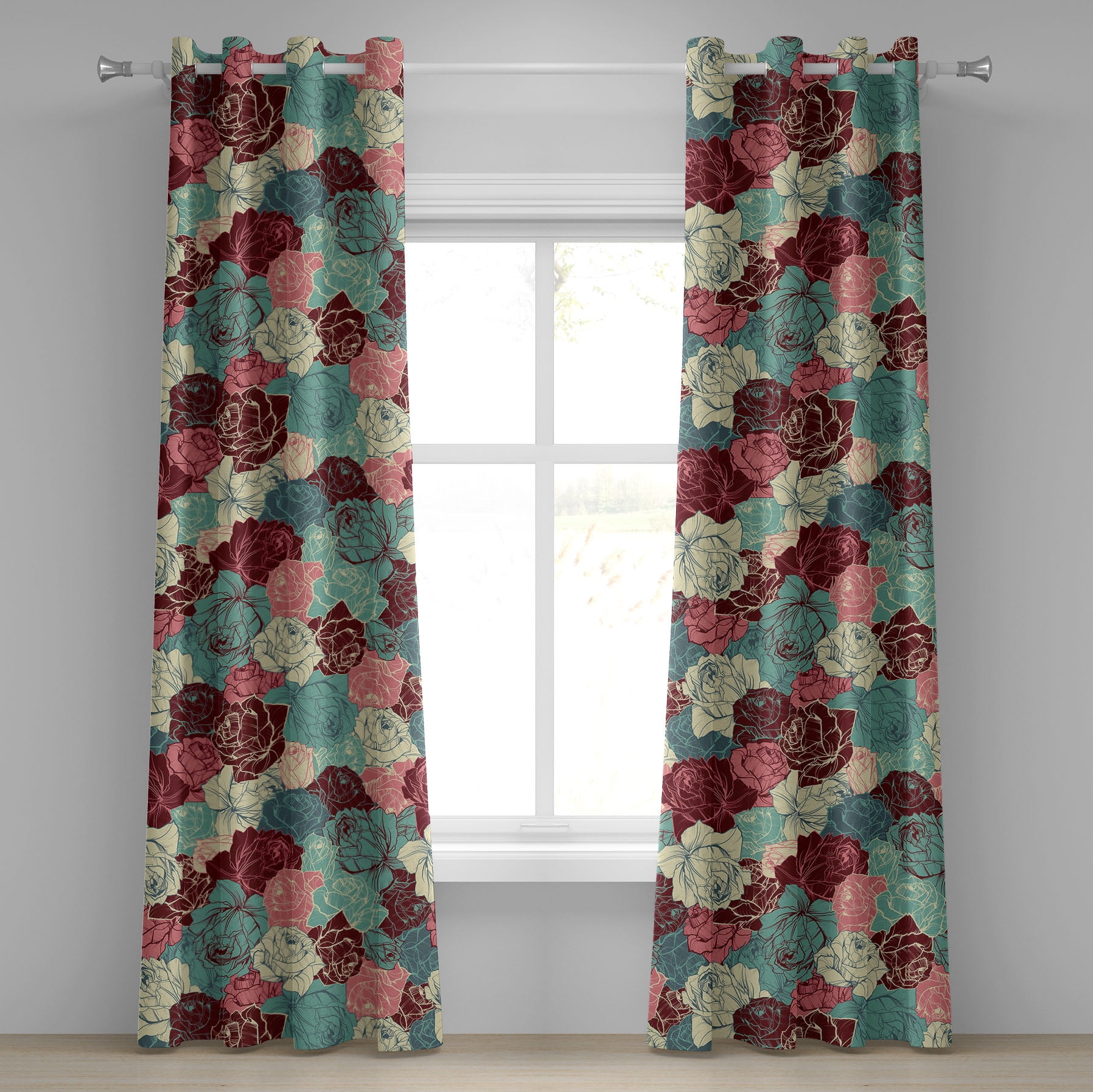 Ambesonne Floral Boho Grommet Curtain Delicate Botany Flowers 50x108