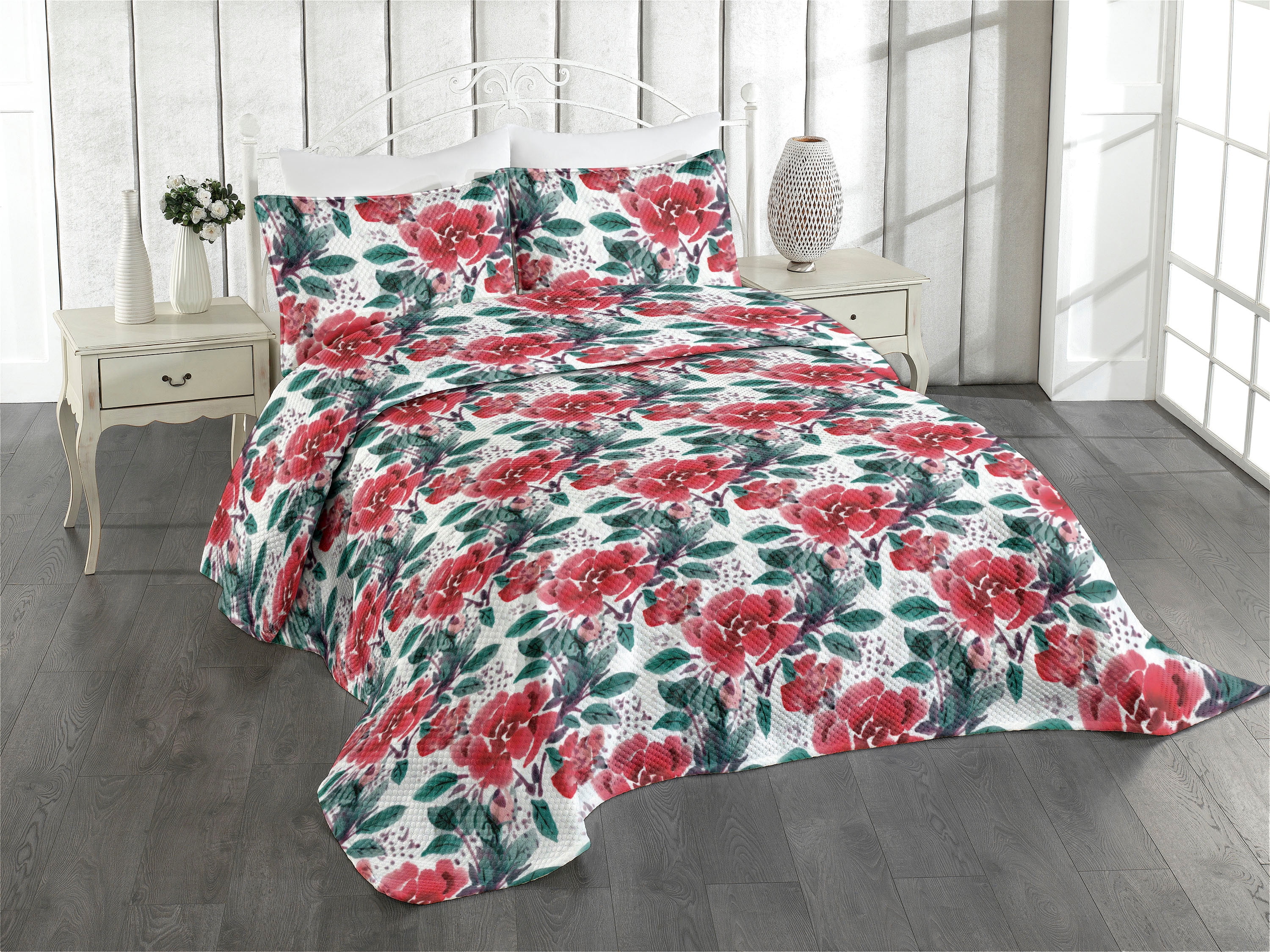 Ambesonne Floral Boho Quilted Coverlet 3 Pcs, Watercolor Flowers Rose ...