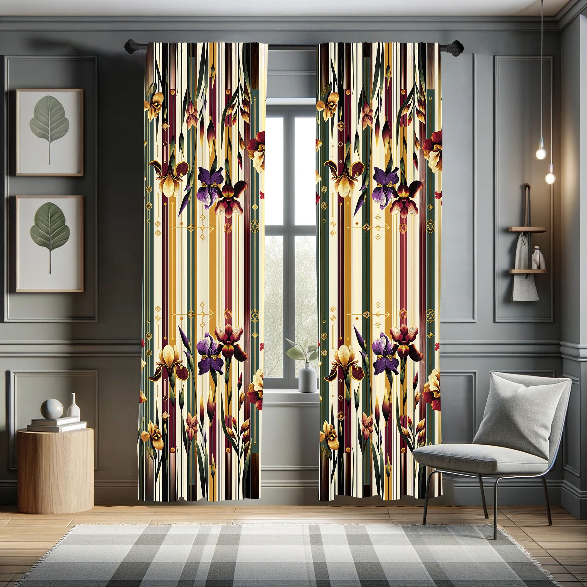 Ambesonne Floral Curtains 2 Panel Set, Flowers on Royal Stripes, Pair ...