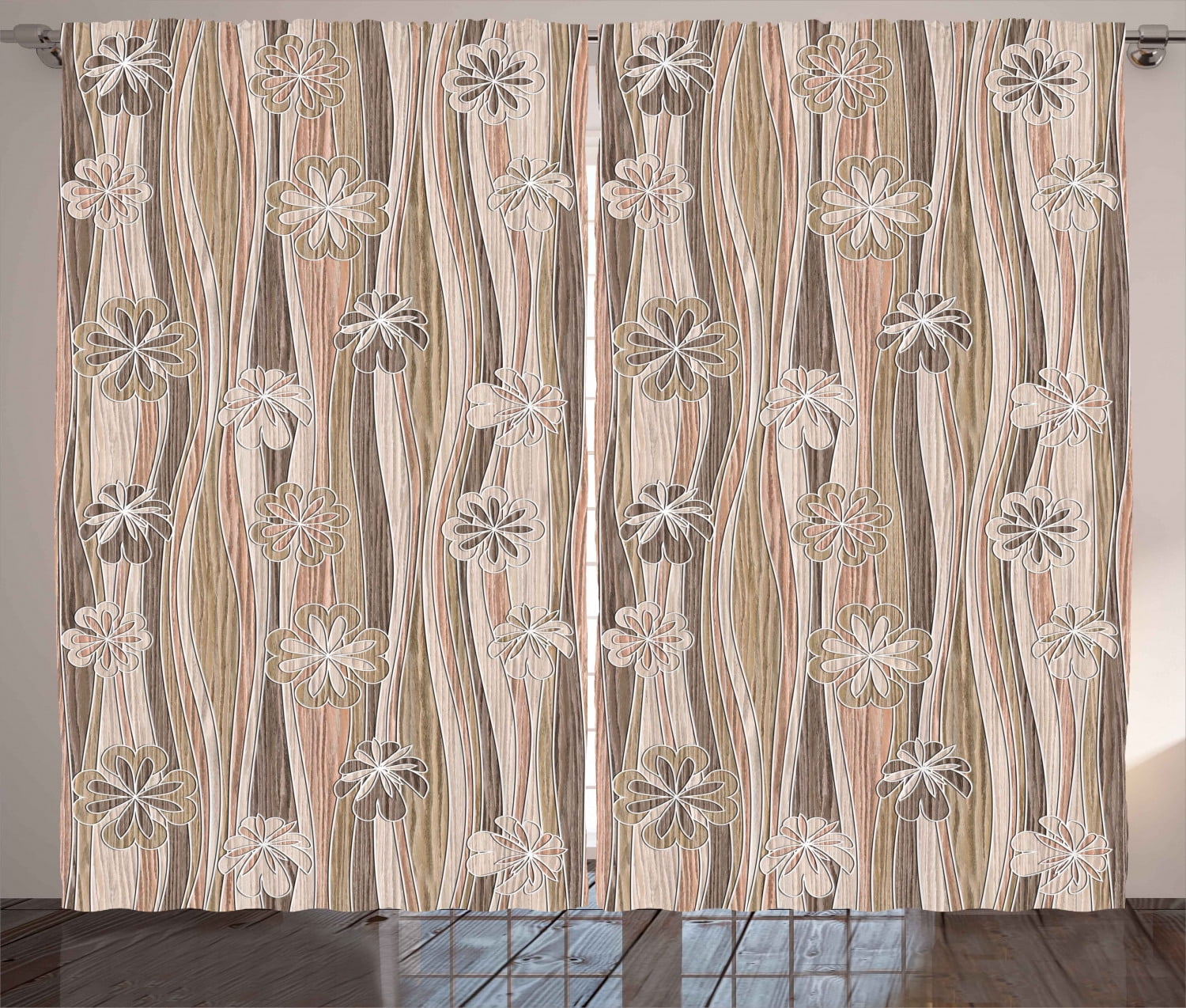 Ambesonne Floral Curtains 2 Panel Set, Flowers on Wavy Stripes, 108" x ...