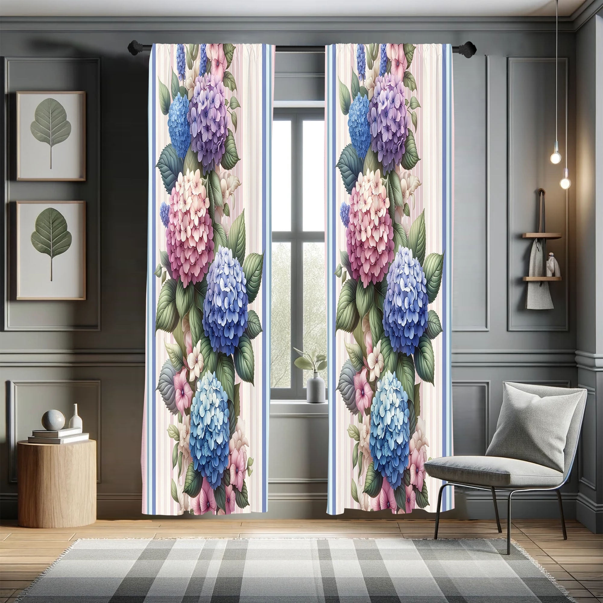 Ambesonne Floral Curtains 2 Panel Set, Leafy Huddle Hydrangea Lines ...