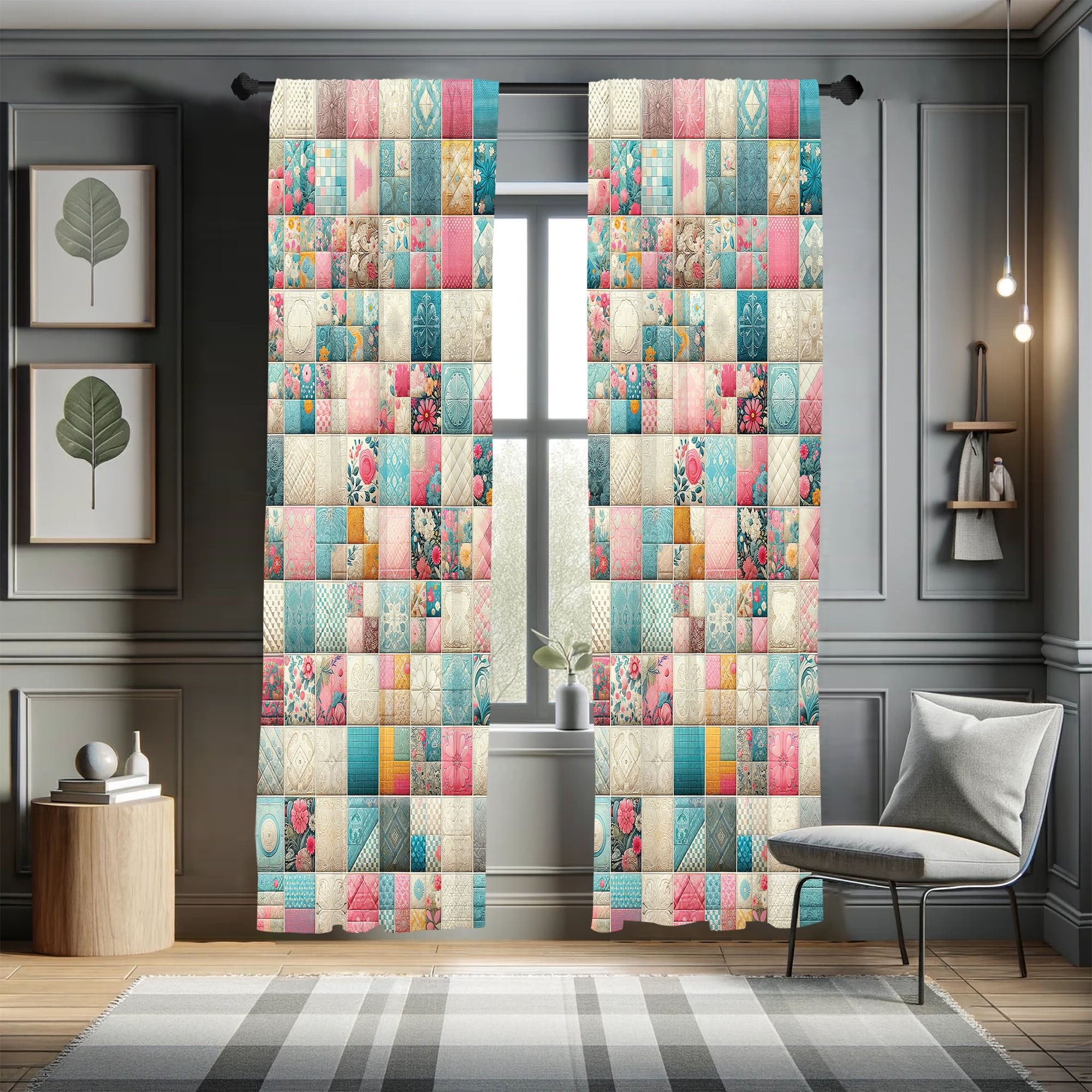 Ambesonne Floral Curtains 2 Panel Set, Patchwork Inspired Vintage, Pair of - 28" x 63", Eggshell ...