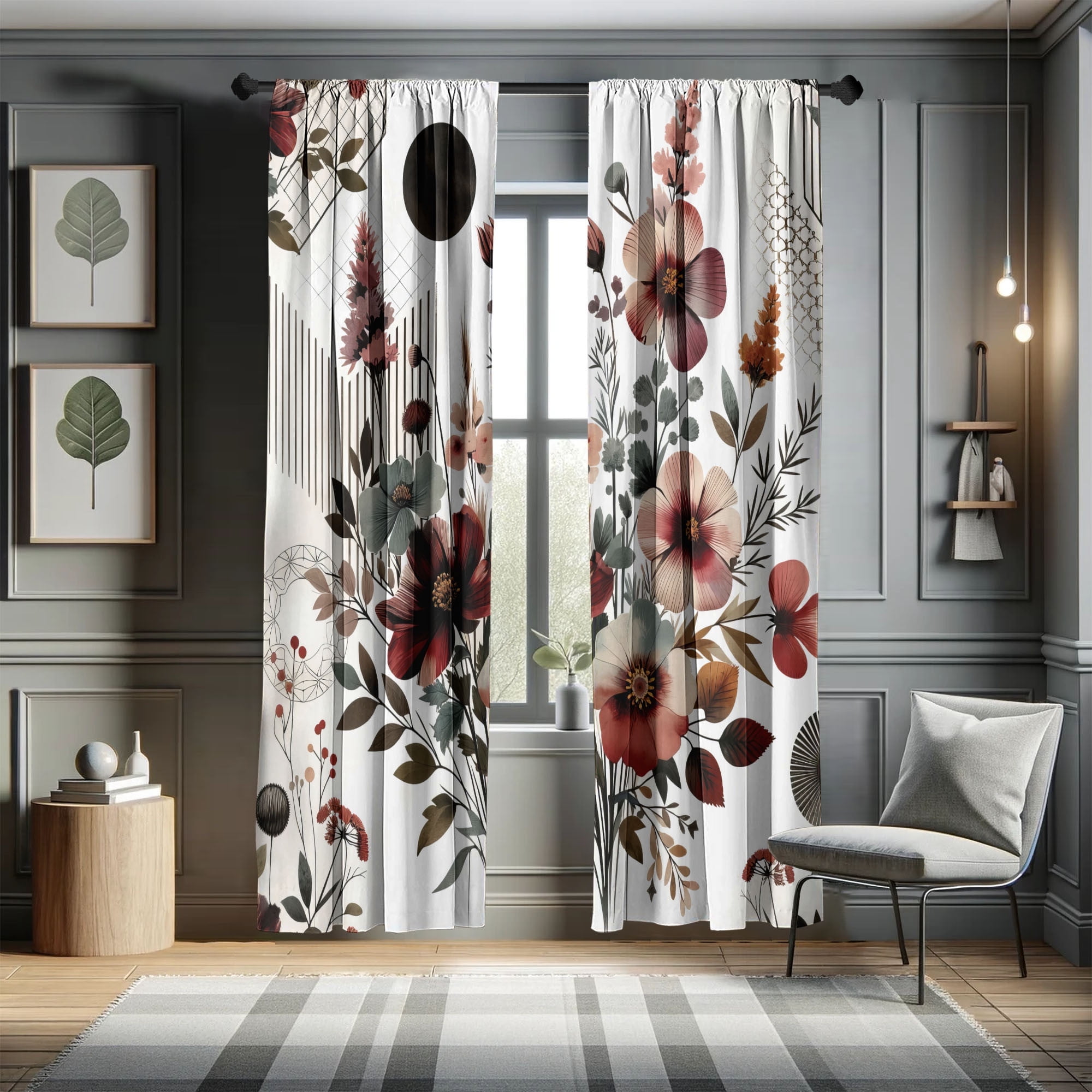 Ambesonne Floral Curtains Mid Century Modern Flowery Pair Of 28x63