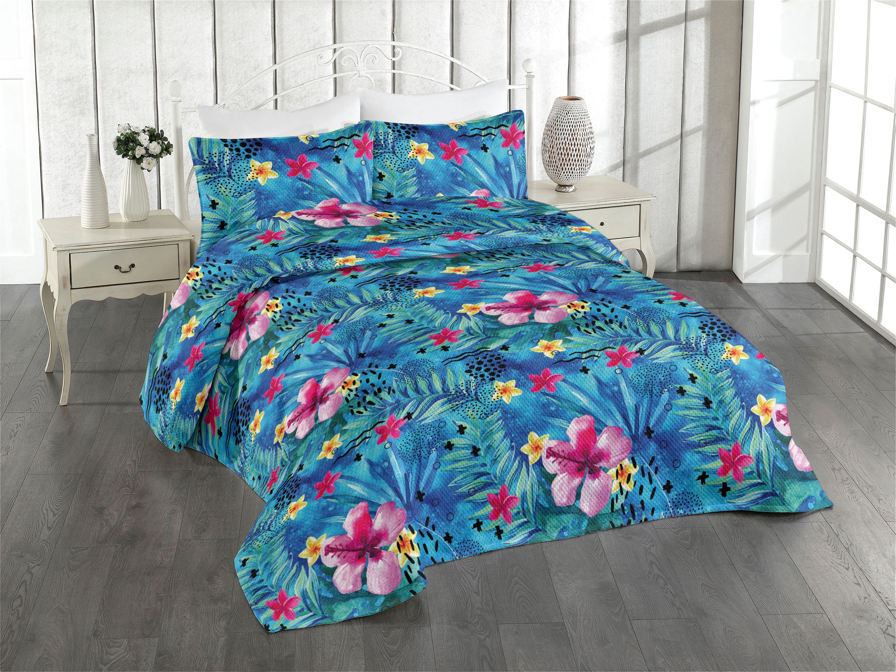 Ambesonne Floral Design Quilted Bedspread Set 3 Pcs, Aquarelle Hibiscus ...
