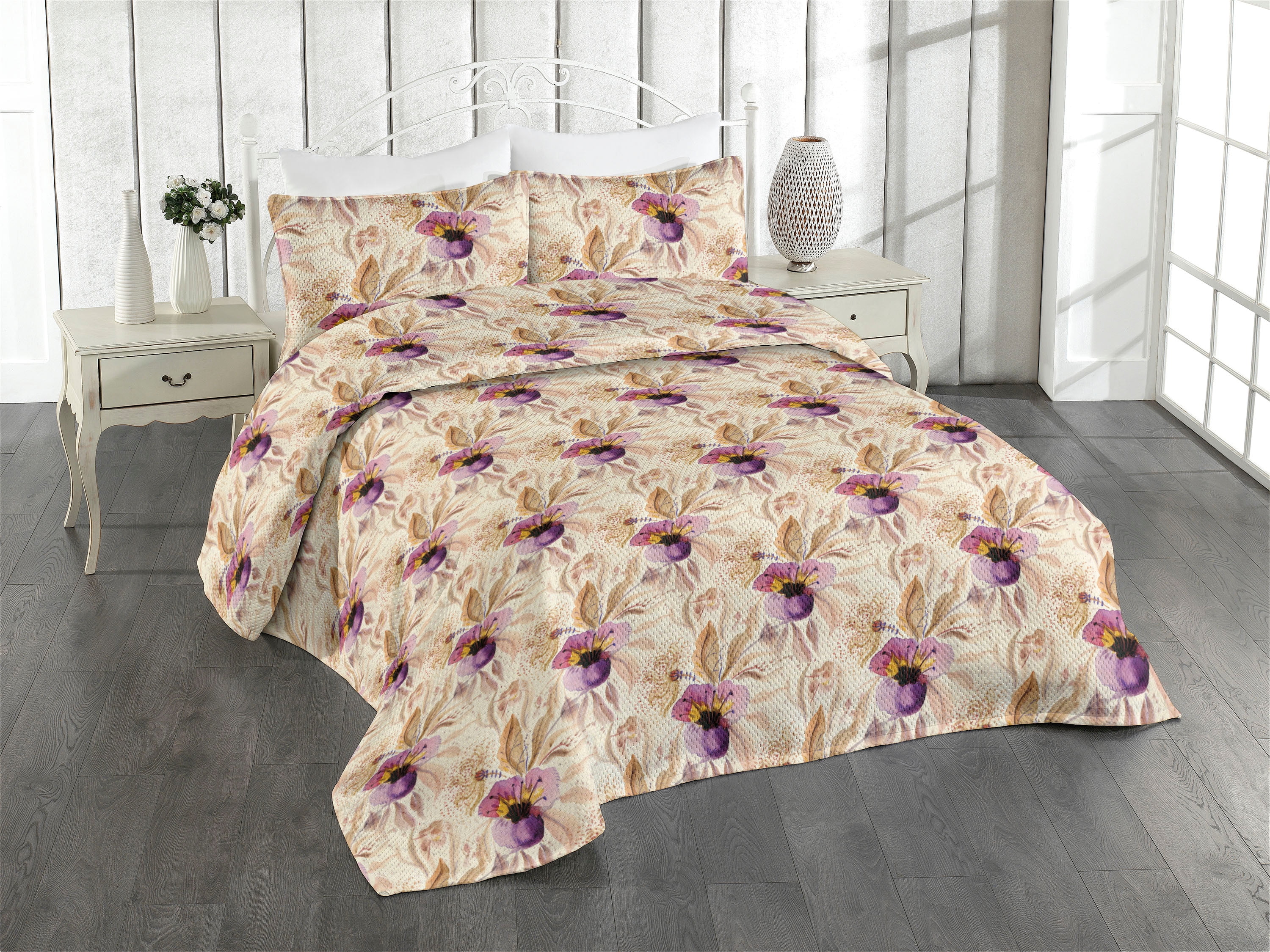 Ambesonne Floral Design Quilted Bedspread Set 3 Pcs, Bloom Vintage ...
