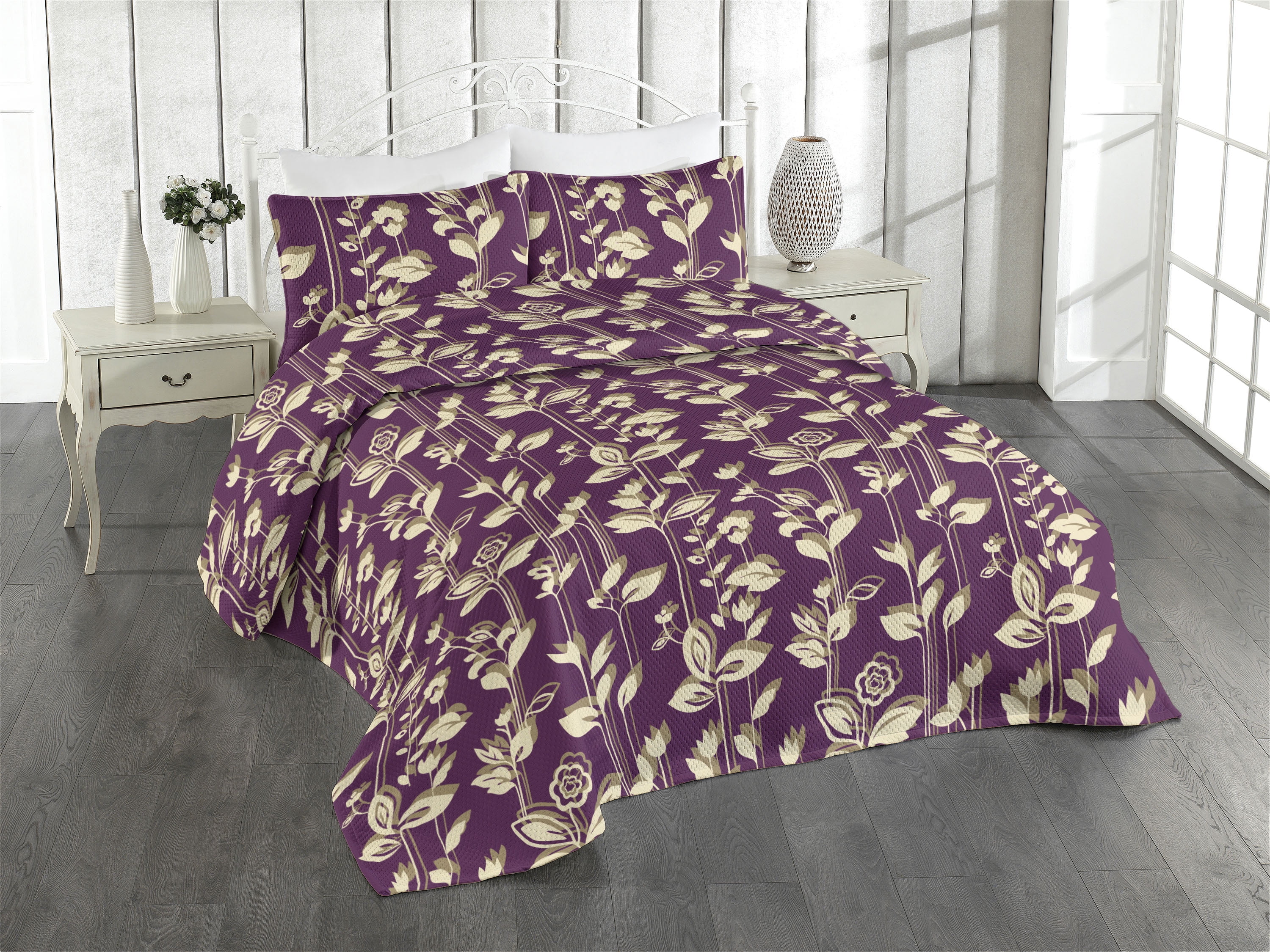 Ambesonne Floral Design Quilted Bedspread Set 3 Pcs, Bohemian Flowers ...