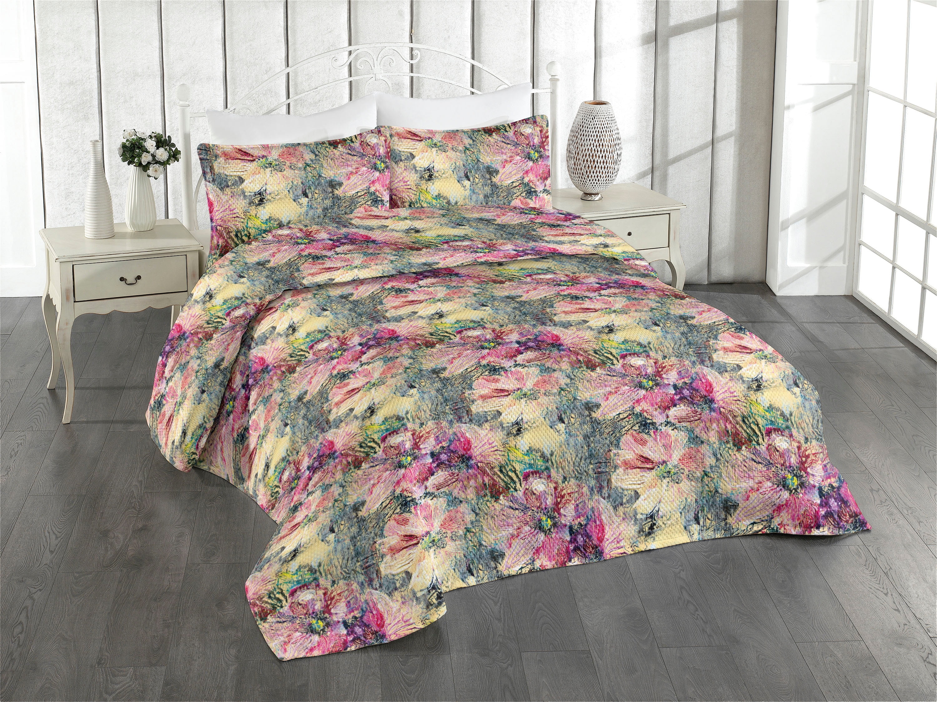 Ambesonne Floral Design Quilted Bedspread Set 3 Pcs, Grunge Flowers ...