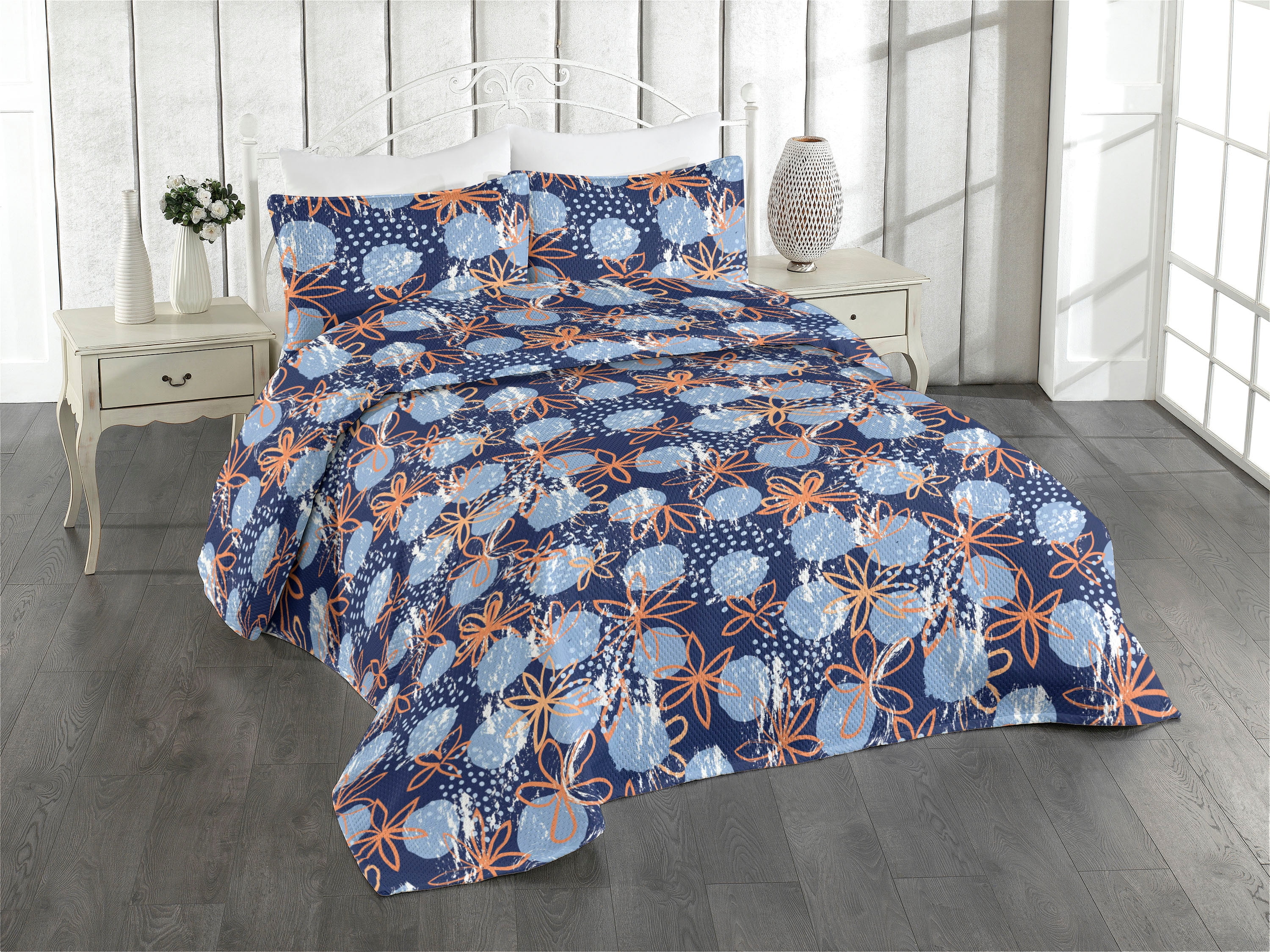 Ambesonne Floral Design Quilted Bedspread Set 3 Pcs, Grungy Modern ...