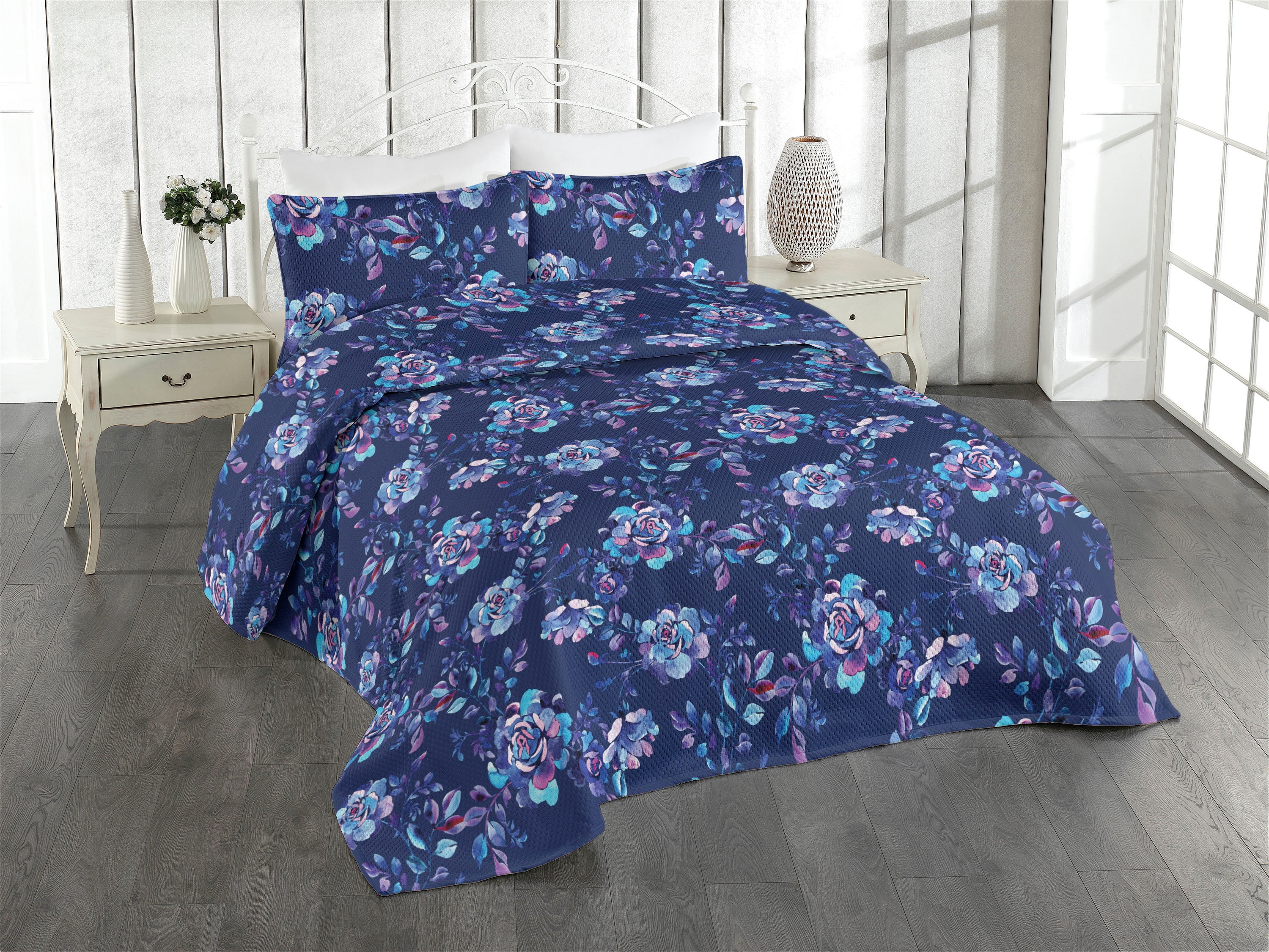 Ambesonne Floral Design Quilted Bedspread Set 3 Pcs, Inverted Colors ...