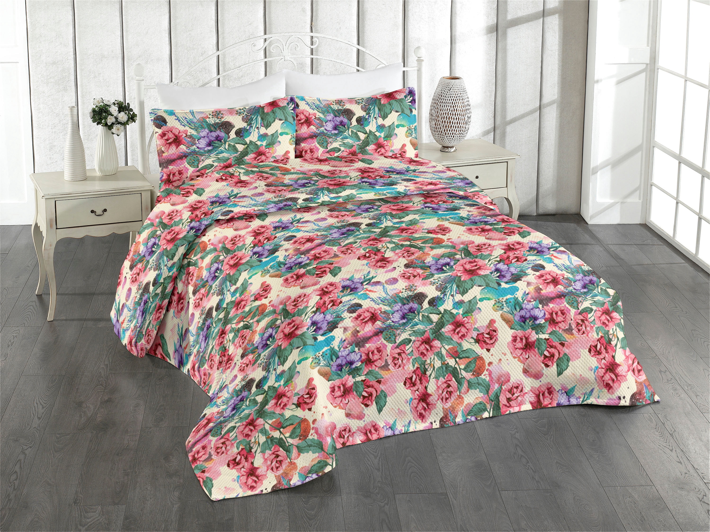 Ambesonne Floral Design Quilted Bedspread Set 3 Pcs, Leaves and Rose ...