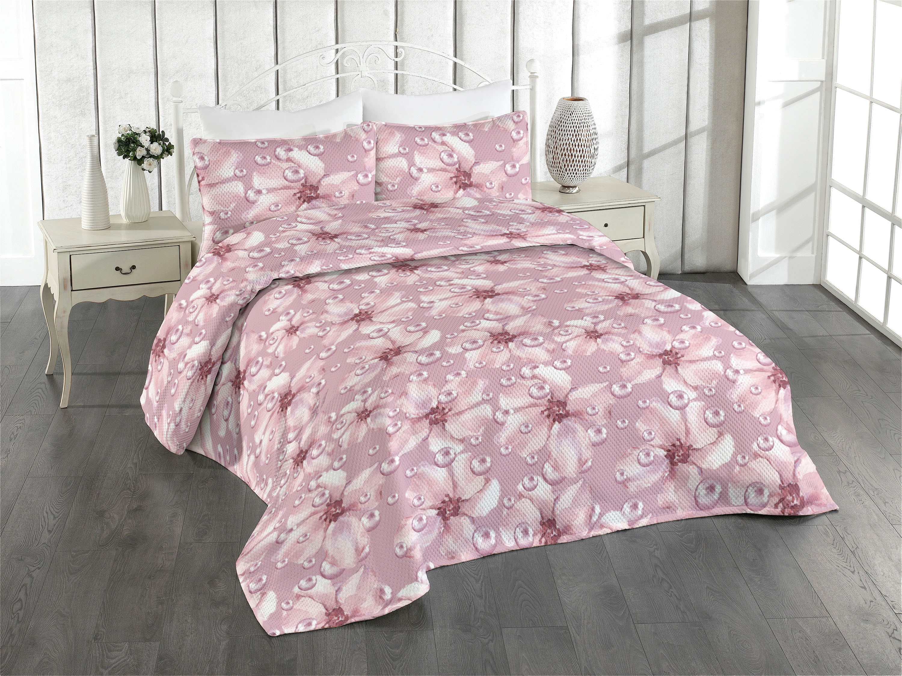 Ambesonne Floral Design Quilted Bedspread Set 3 Pcs, Pearl Flower ...