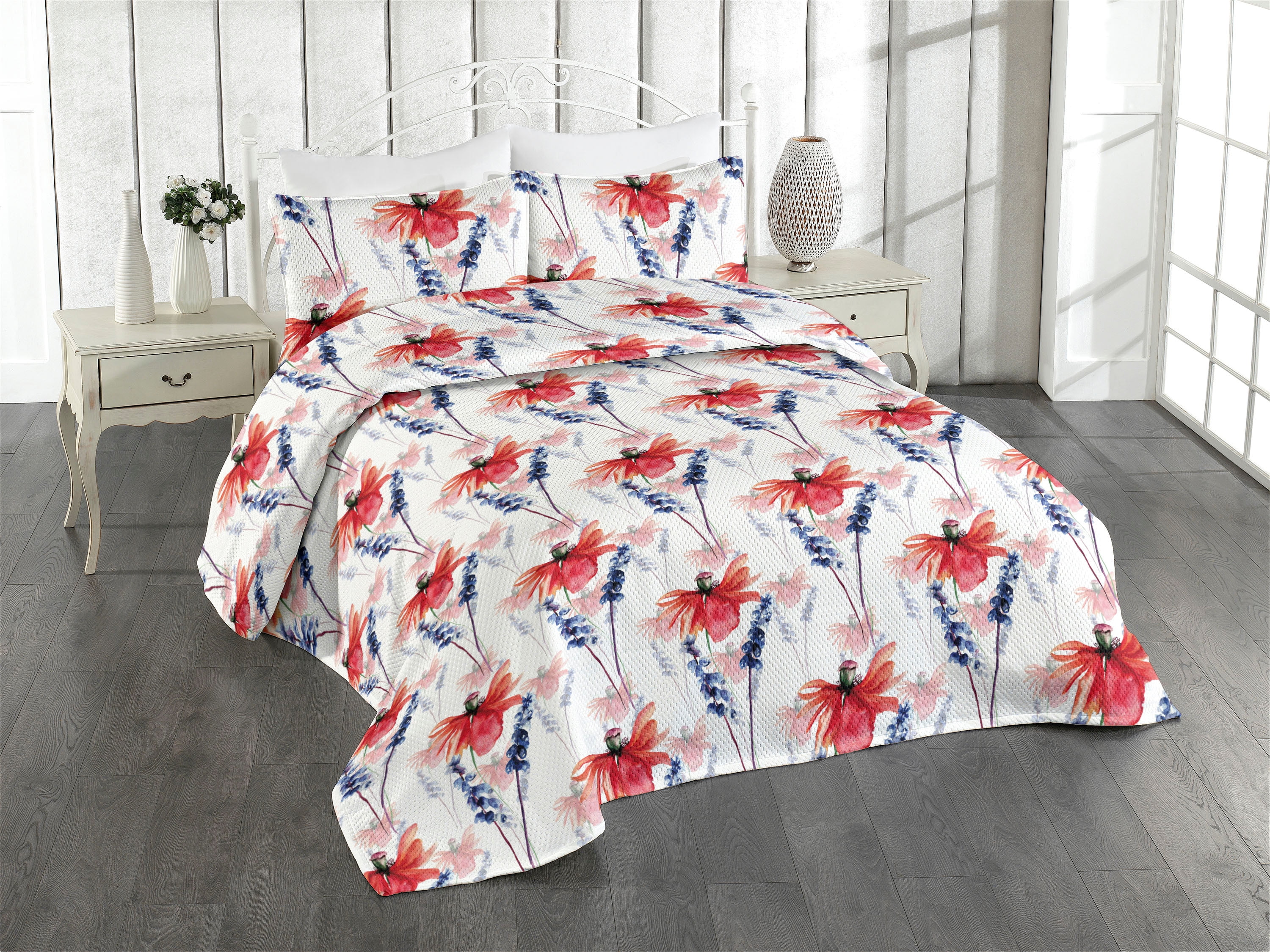 Ambesonne Floral Design Quilted Bedspread Set 3 Pcs, Poppy Petals Wild ...