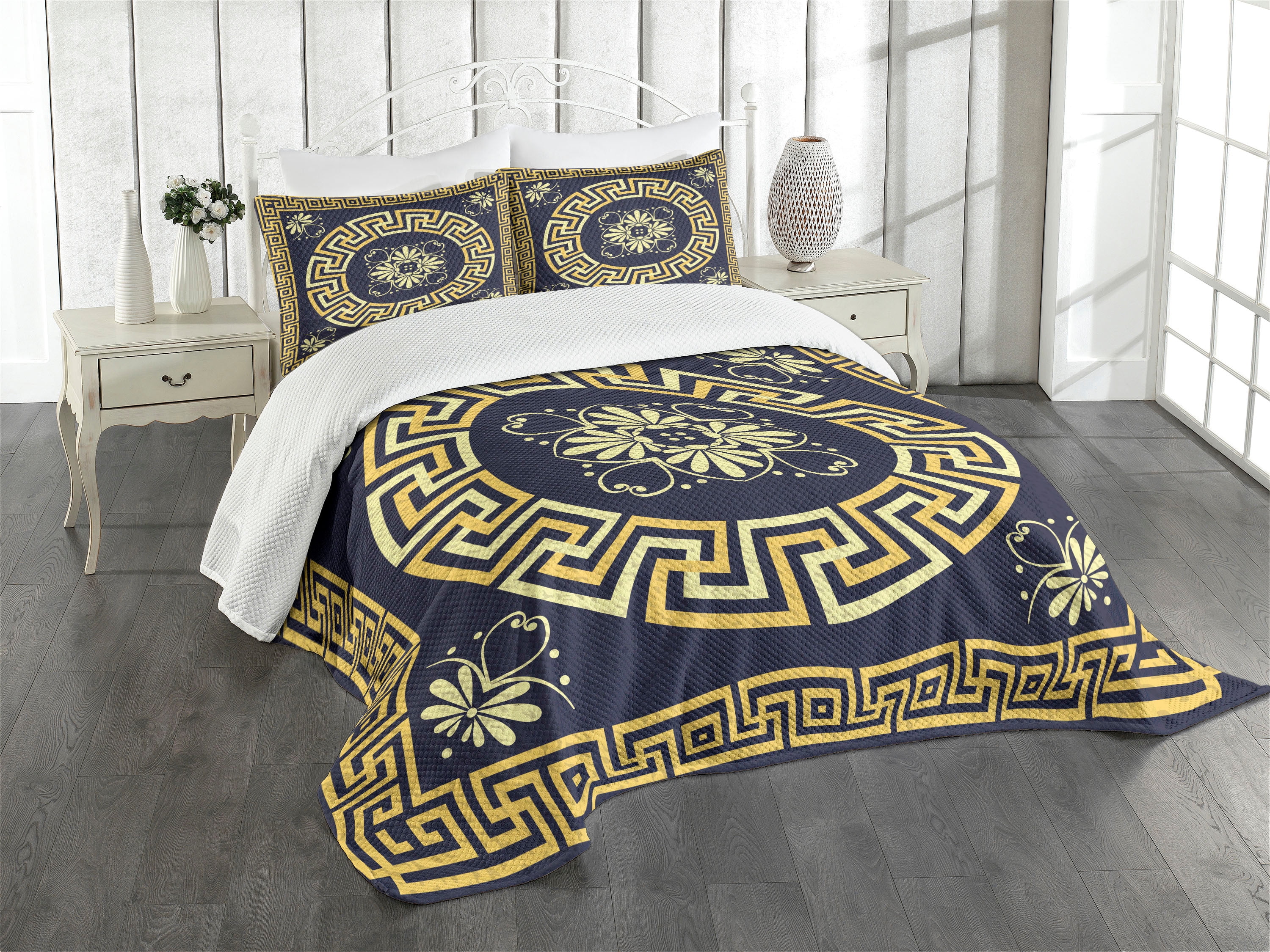 Ambesonne Floral Design Quilted Bedspread Set 3 Pcs, Retro Spring ...
