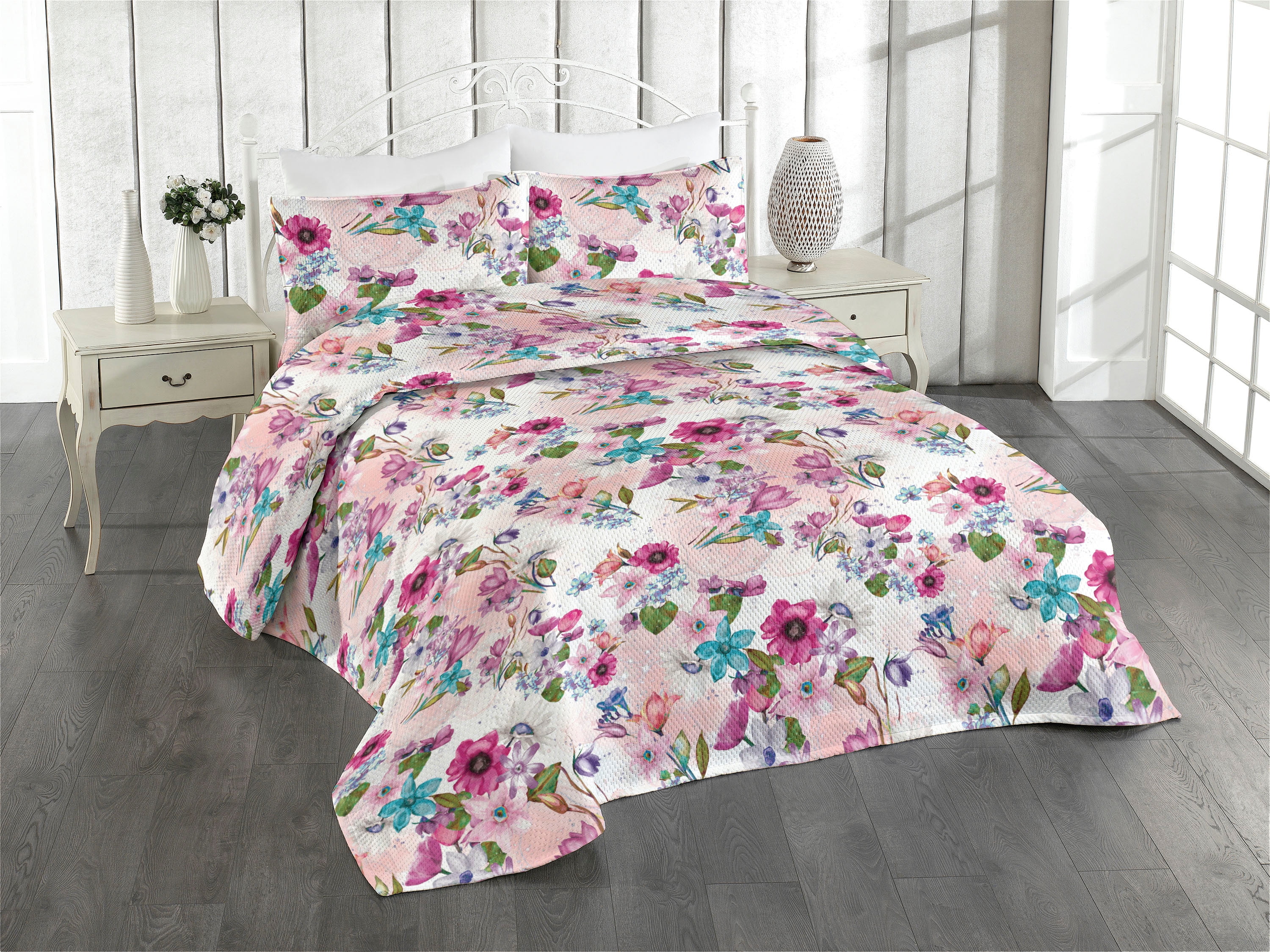 Ambesonne Floral Design Quilted Bedspread Set 3 Pcs, Spring Dreamy ...