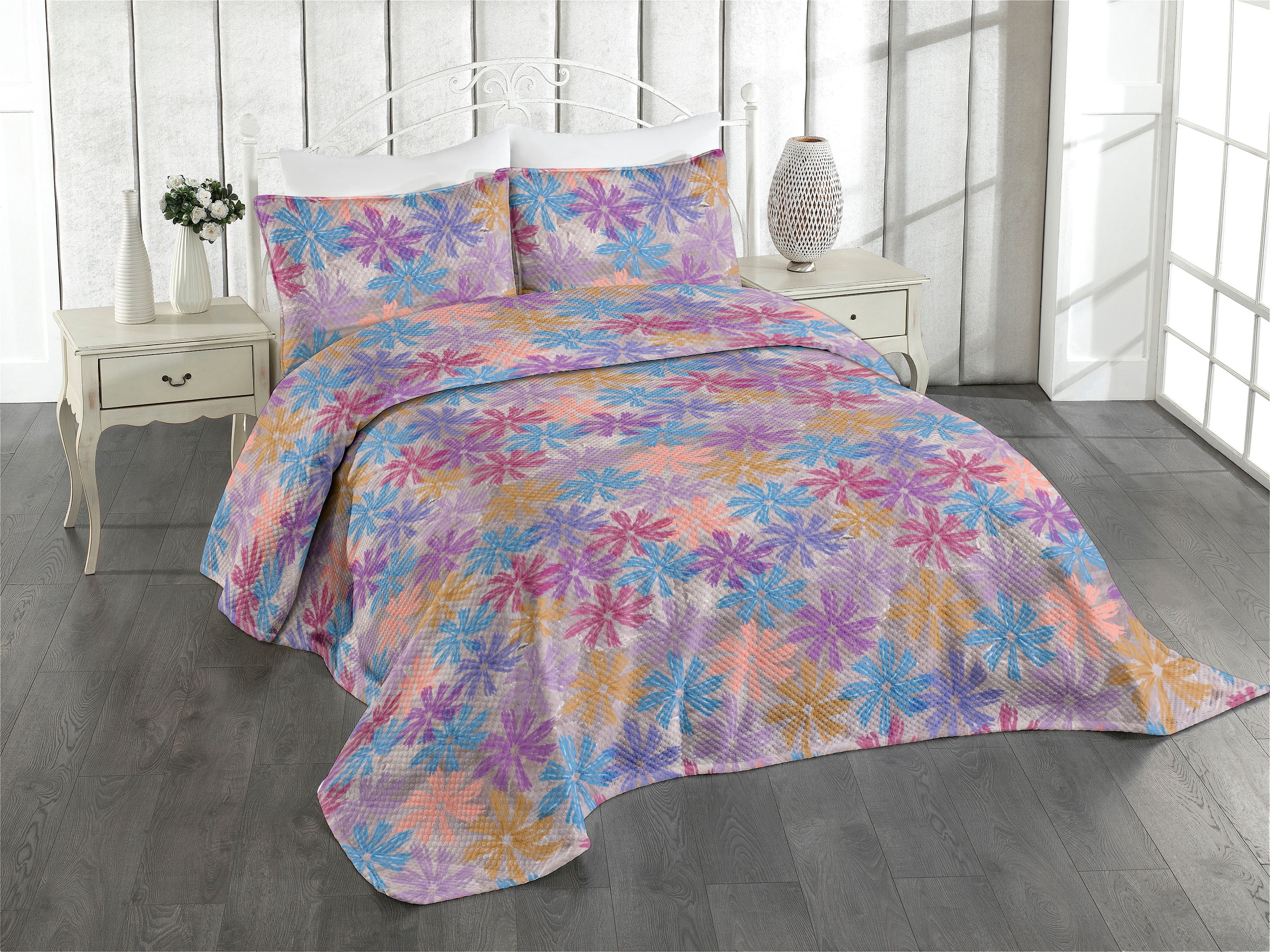 Ambesonne Floral Design Quilted Coverlet 2 Pcs, Flowers Psychedelic ...