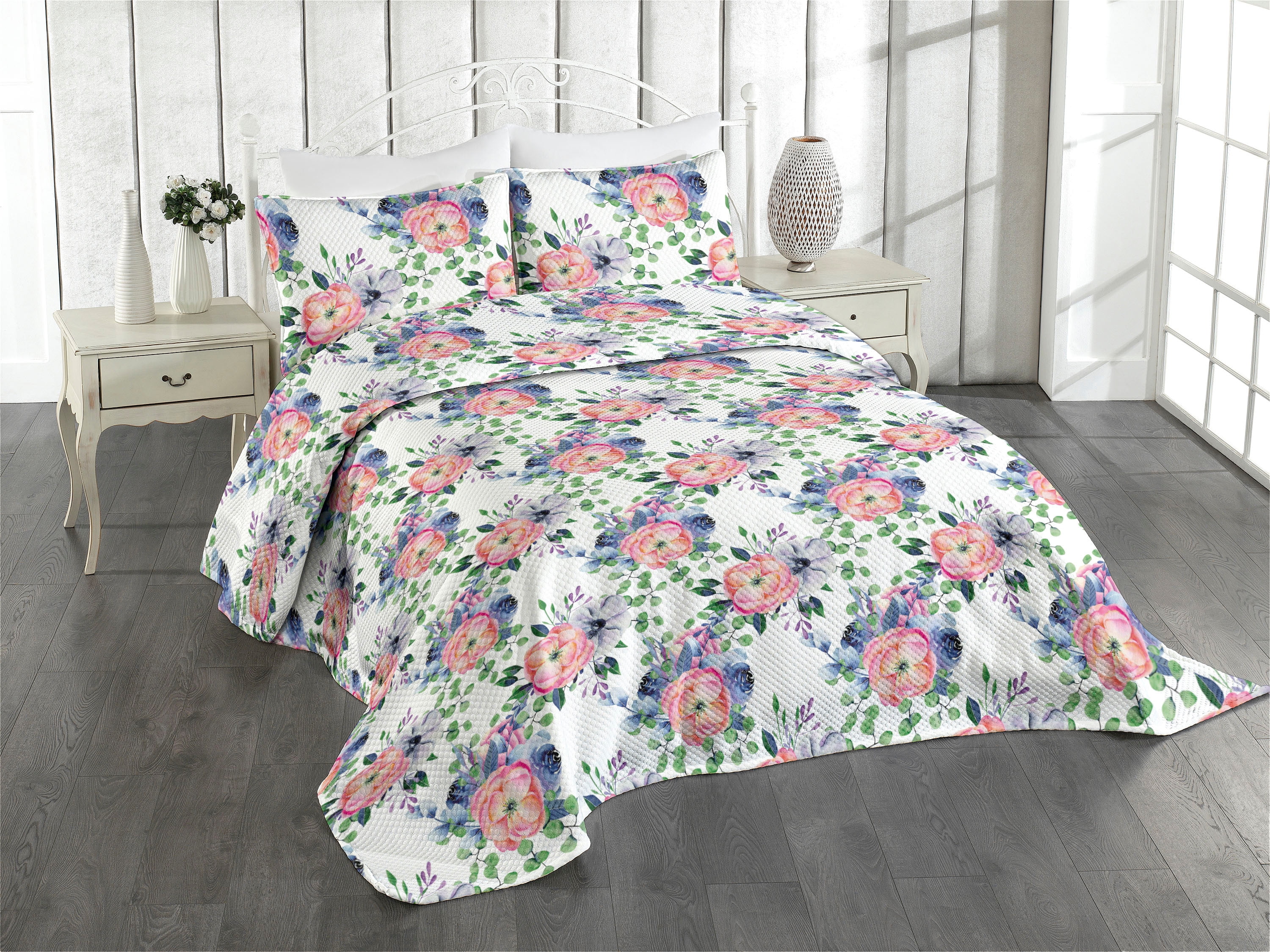 Ambesonne Floral Design Quilted Coverlet 2 Pcs, Peony Lilac Pattern ...