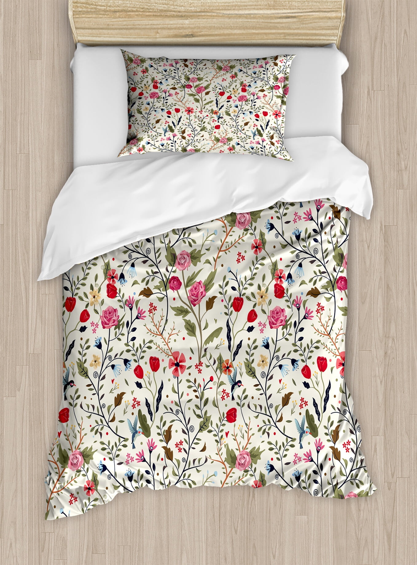 Ambesonne Floral Duvet Cover Set, Birds Roses Polka Dots, Twin ...