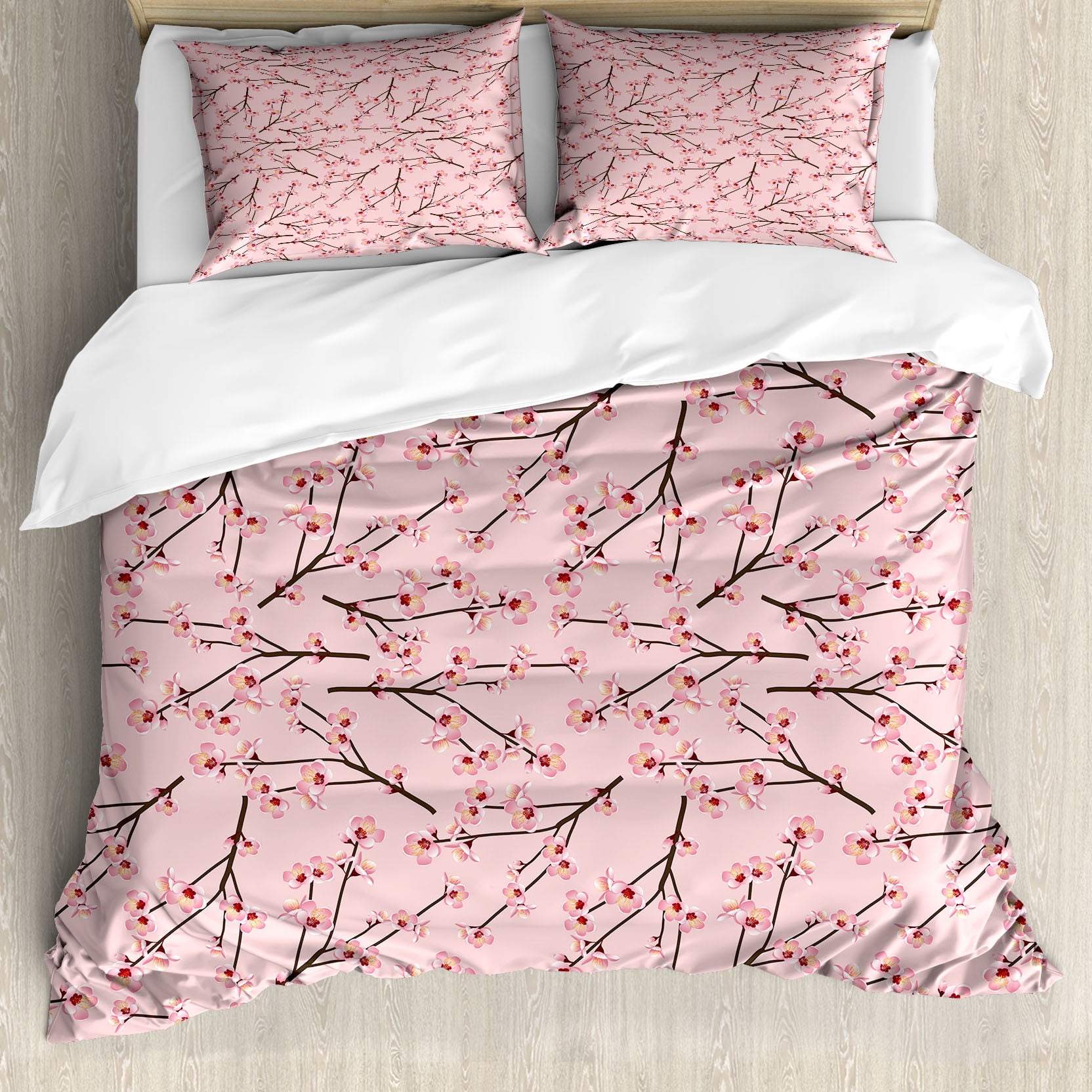 Ambesonne Floral Duvet Cover Sets, Japanese Momo Tree Branches, 2-Queen ...