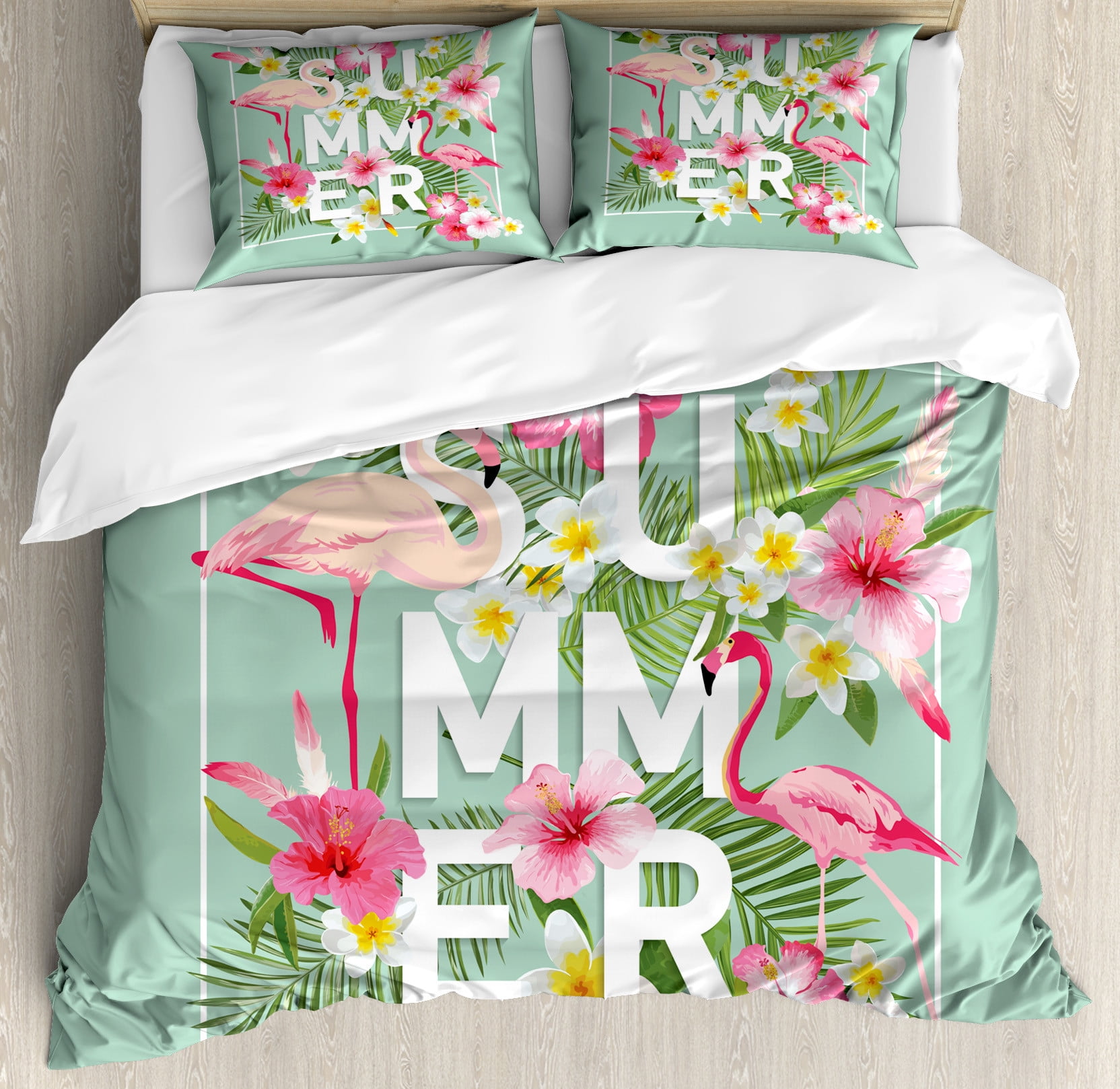 Ambesonne Floral Duvet Cover Sets, Tropical Retro Flowers, 2-Queen ...