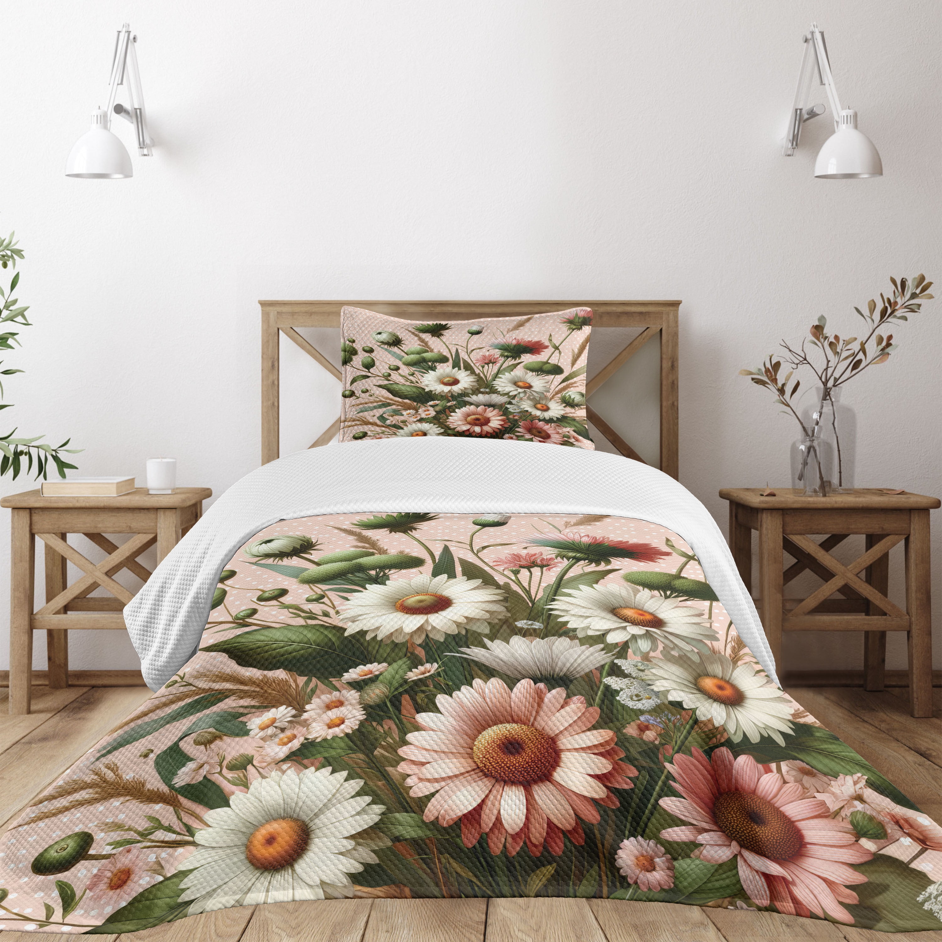 Ambesonne Floral Eucalyptus Quilted Bedspread Set 2 Pcs, Blushing Blooms, Twin Size, Blush ...