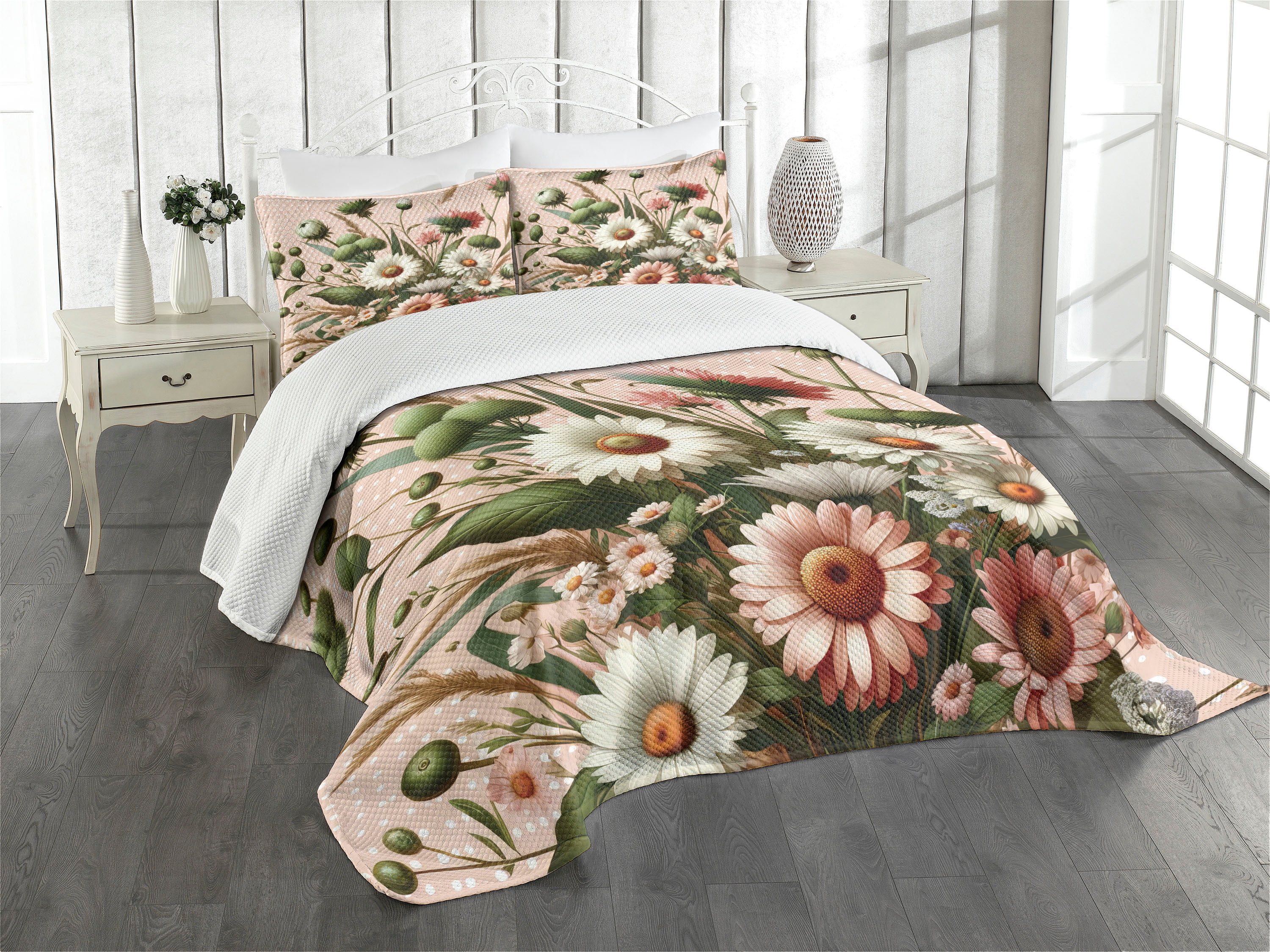 Ambesonne Floral Eucalyptus Quilted Bedspread Set 3 Pcs, Blushing Blooms, Queen Size, Blush ...