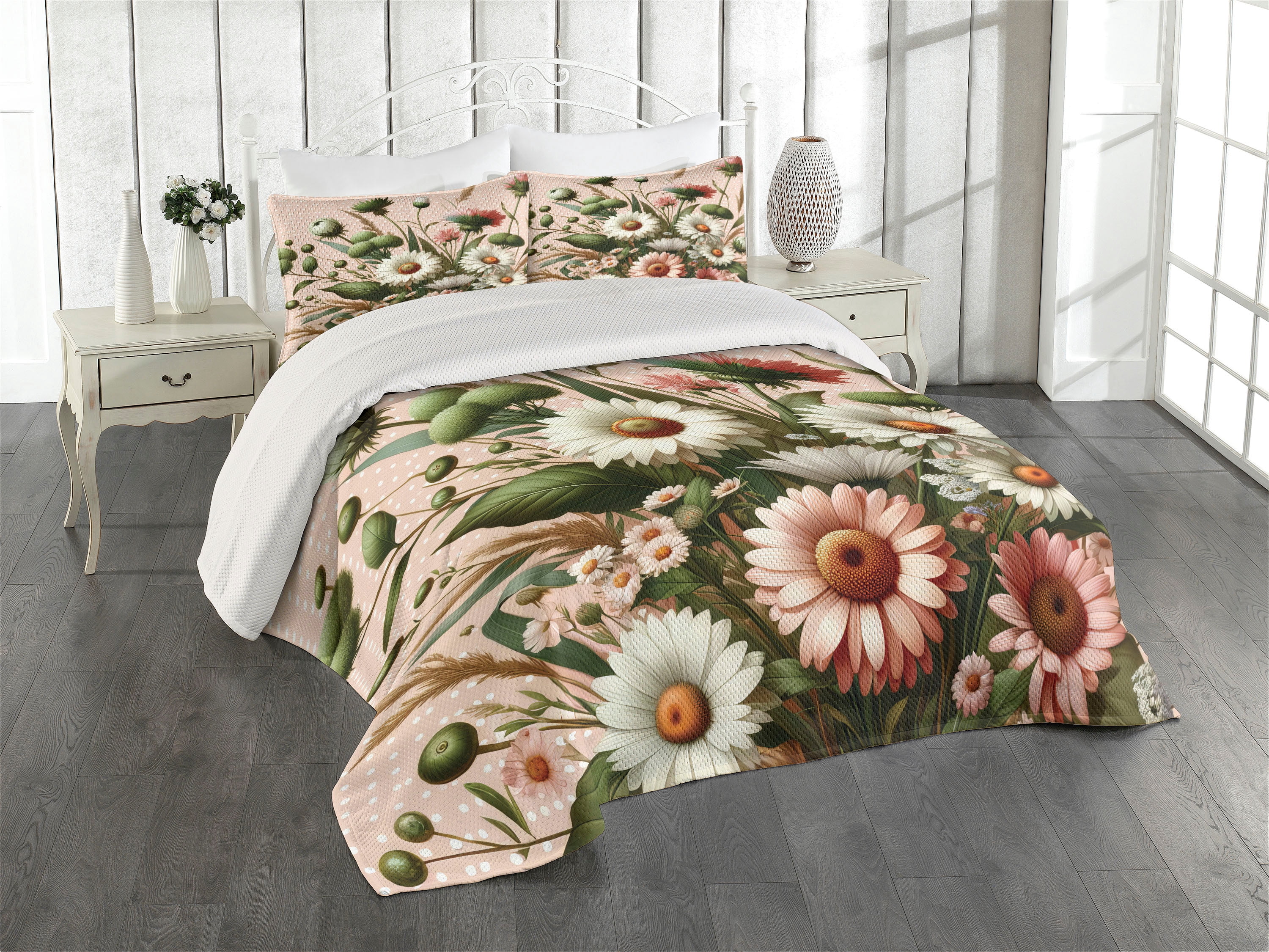 Ambesonne Floral Eucalyptus Quilted Coverlet 3 Pcs, Blushing Blooms ...