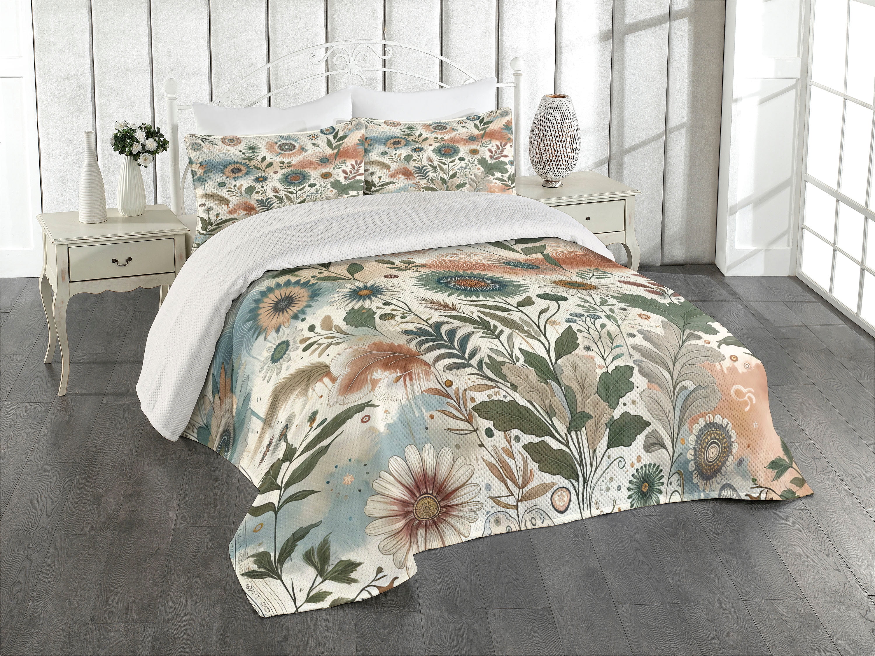 Ambesonne Floral Eucalyptus Quilted Coverlet 3 Pcs, Tender Garden, King ...
