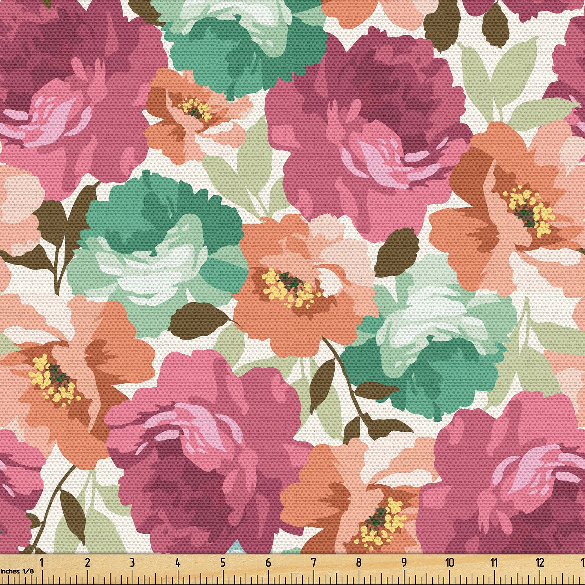 Ambesonne Floral Fabric by the Yard Upholstery, Pastel Roses and Leaves ...