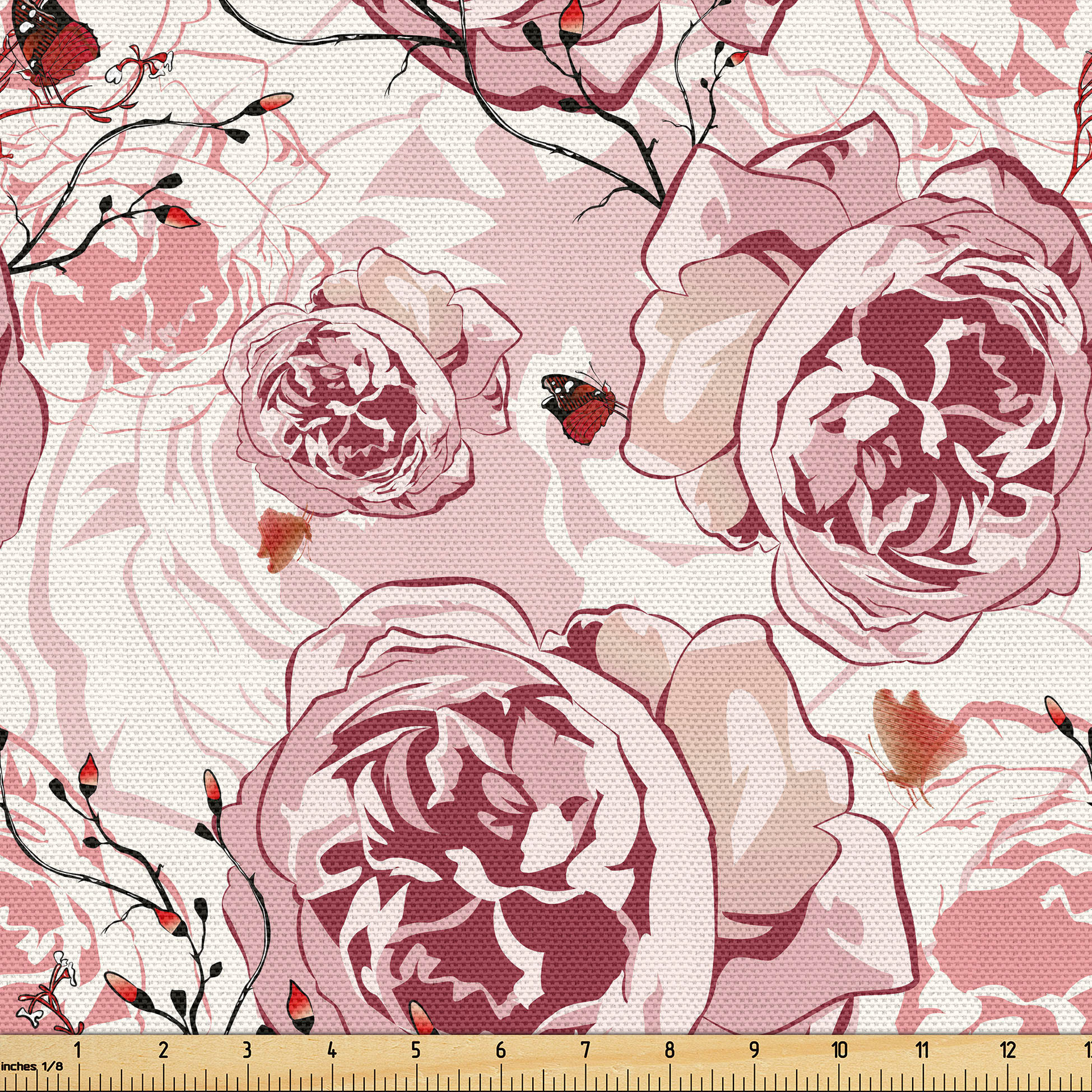 Ambesonne Floral Fabric by the Yard Upholstery, Peonies Twigs ...