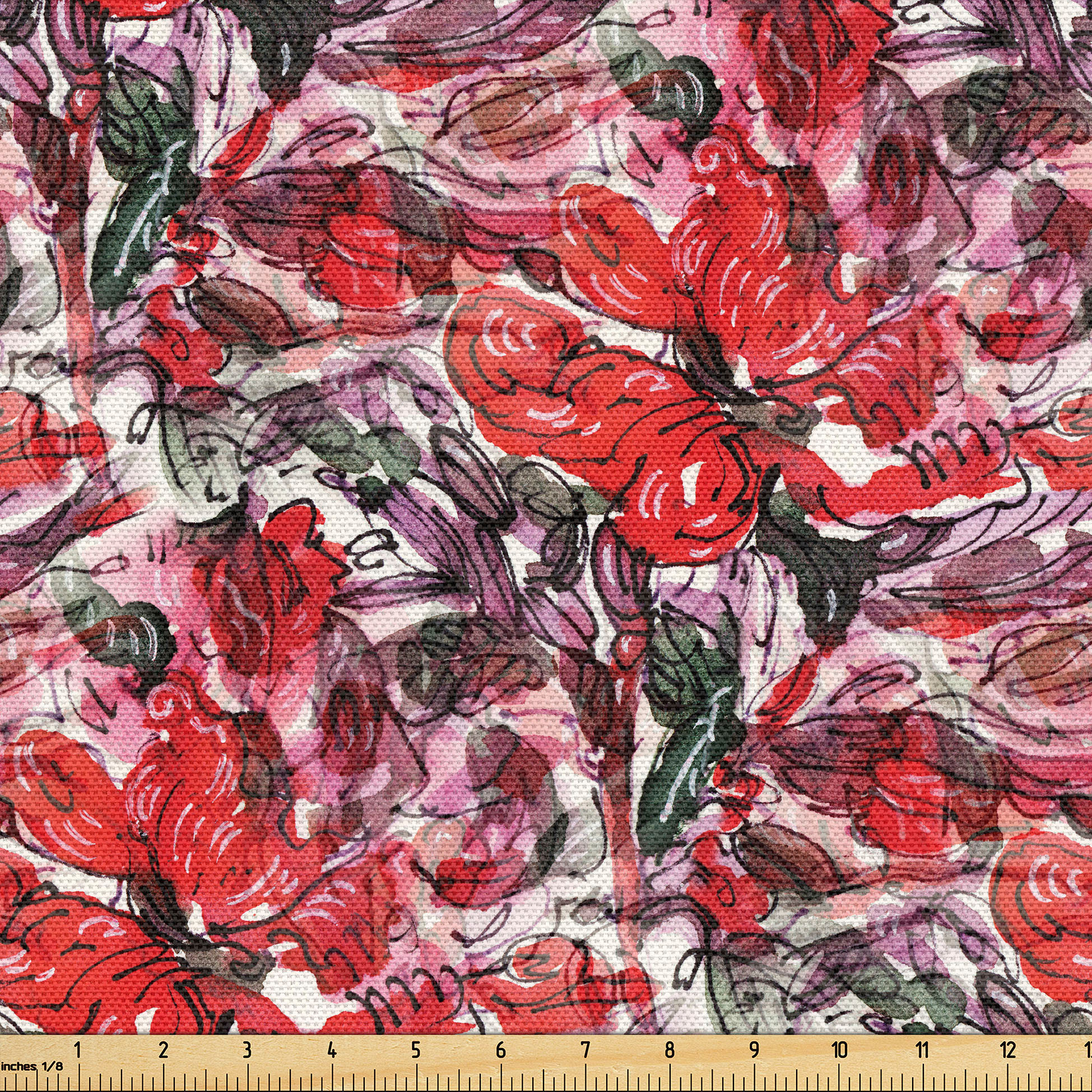 Ambesonne Floral Fabric by the Yard Upholstery, Red Flowers ...