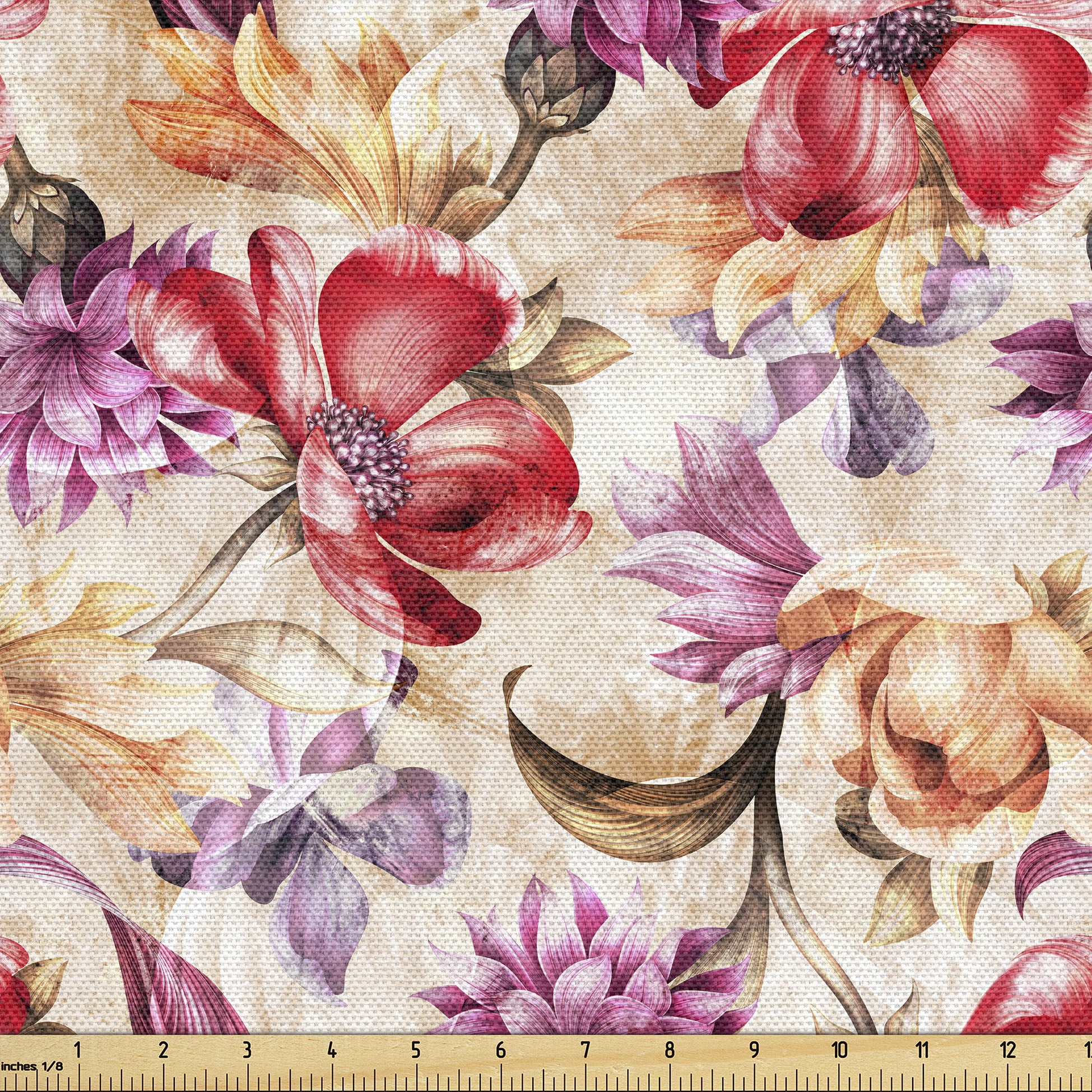 Ambesonne Floral Fabric by the Yard Upholstery, Retro Flowers Wild ...