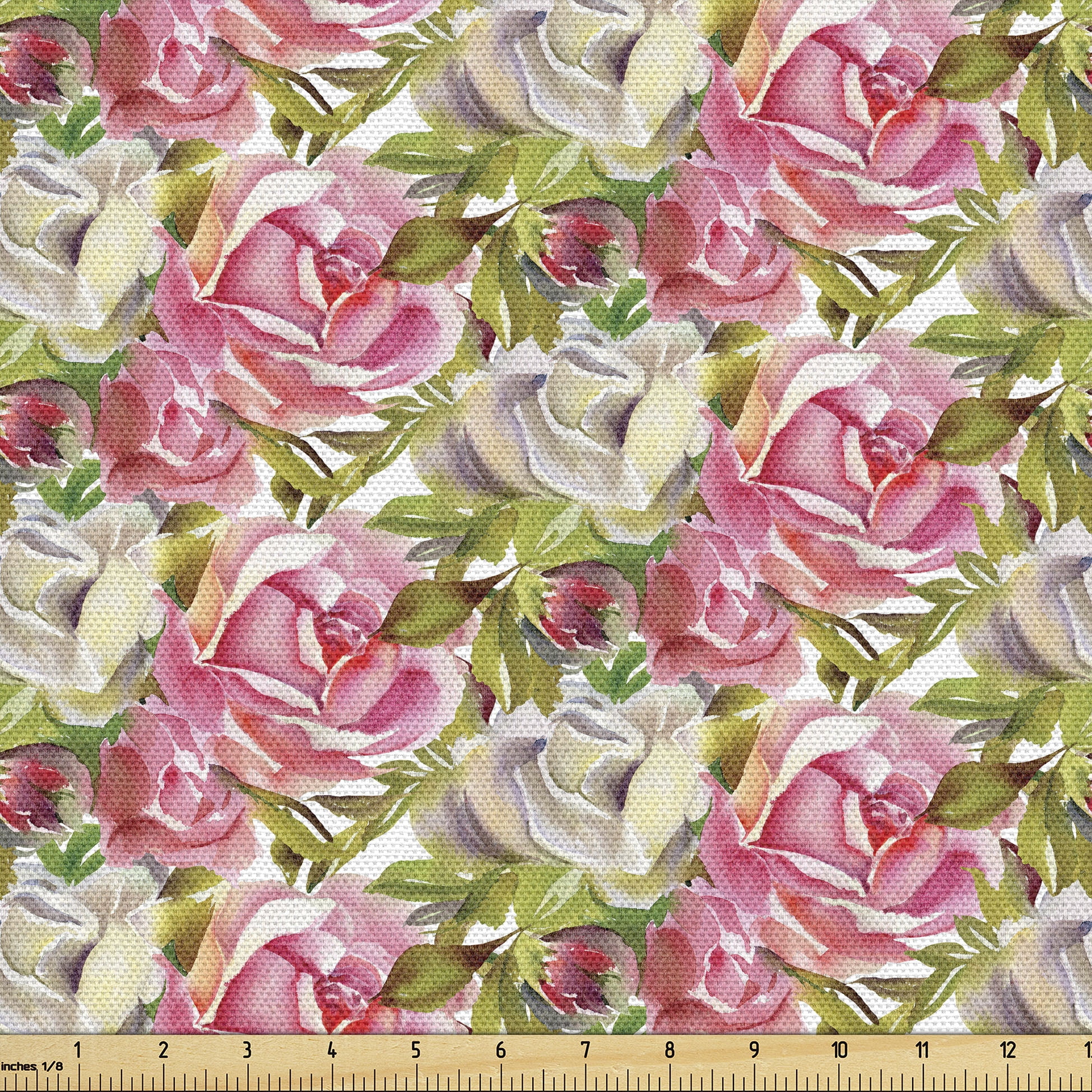 Ambesonne Floral Fabric by the Yard, Roses Leaves Watercolor Plot, 1 ...