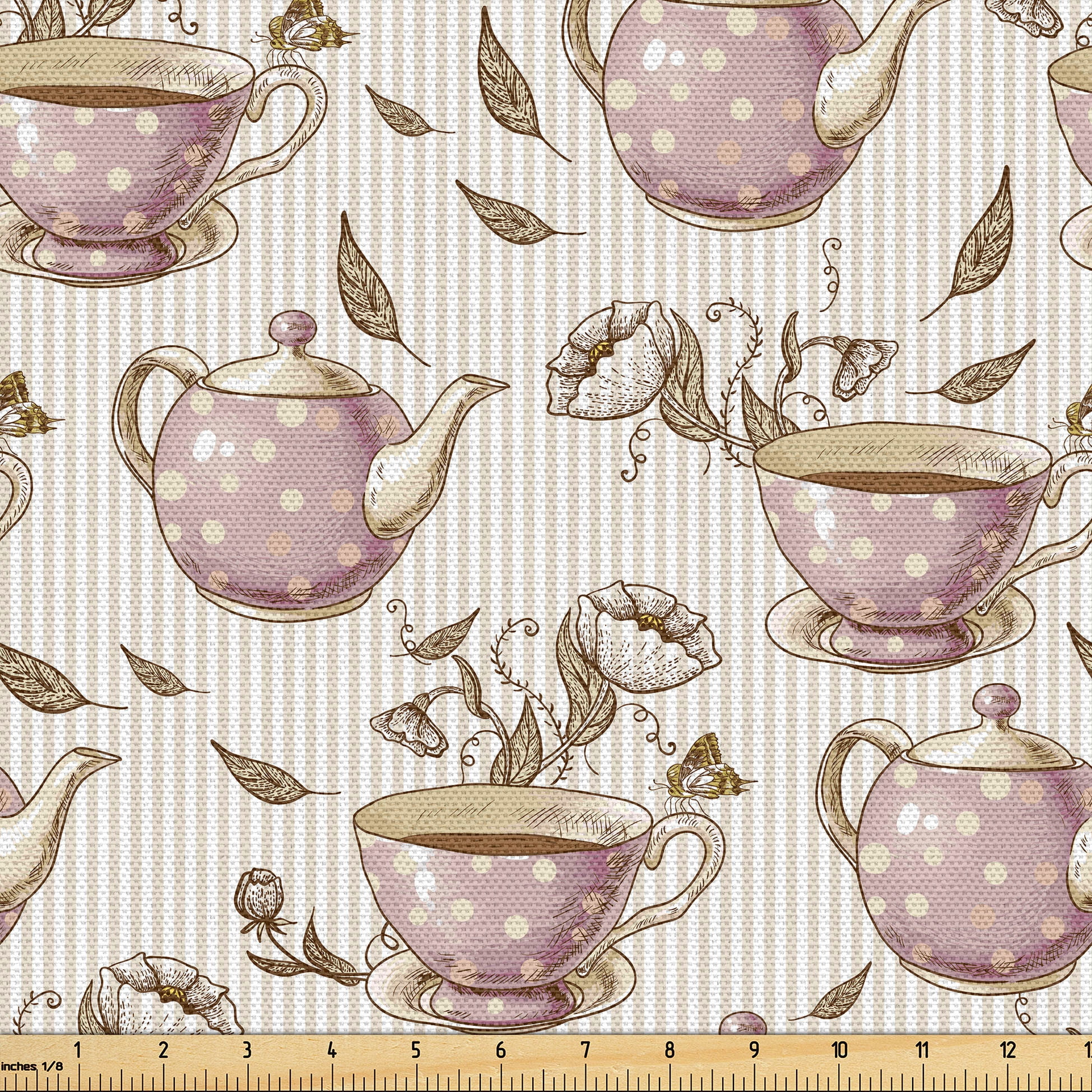 Ambesonne Floral Fabric by the Yard Upholstery, Teapots Cups Flowers Vintage, 2 Yards, Dried ...