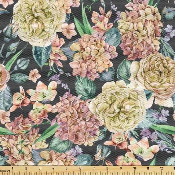 Ambesonne Floral Fabric by the Yard Upholstery, Blooming Hydrangea ...