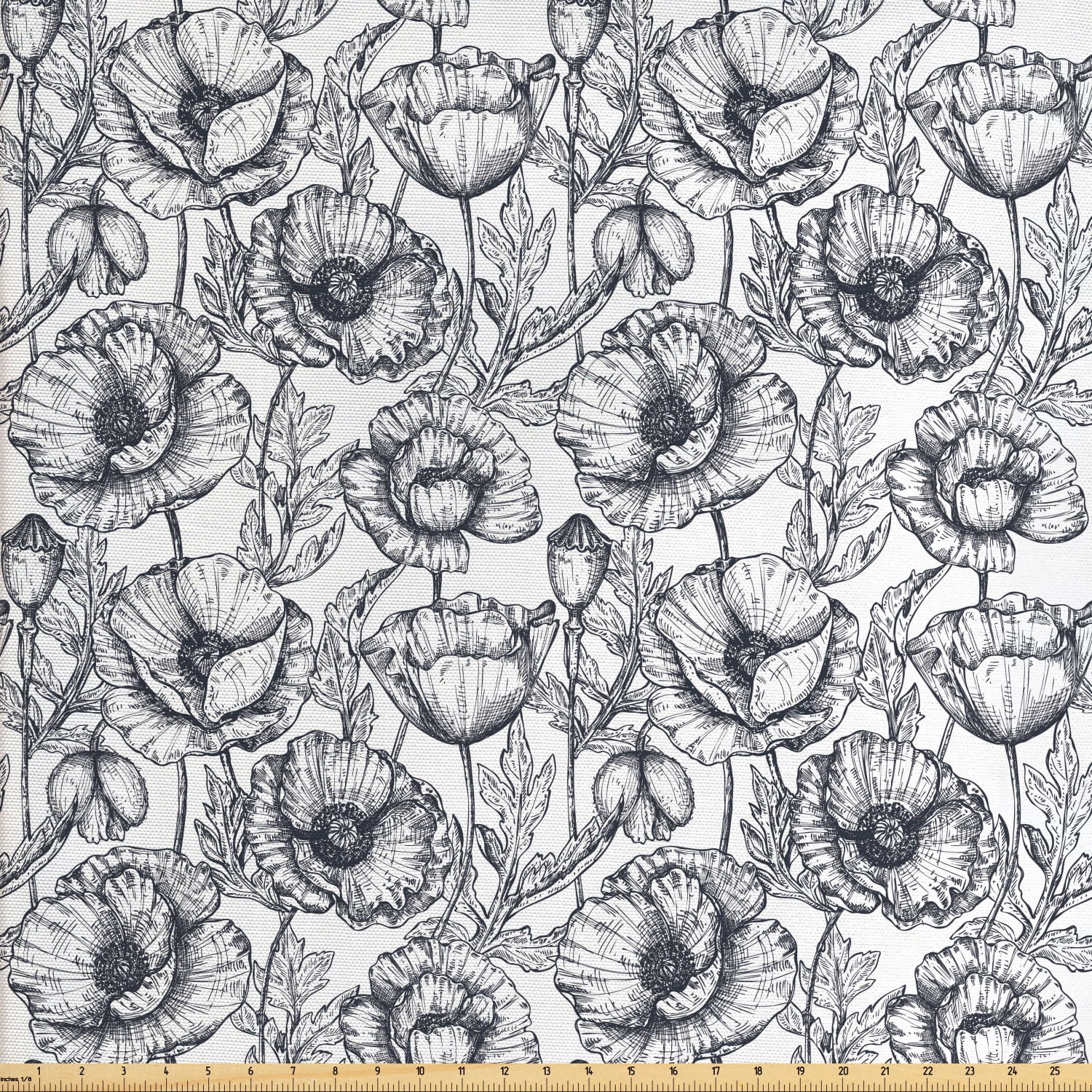 Ambesonne Floral Fabric by the Yard Upholstery, Monochrome Poppy Sketch ...