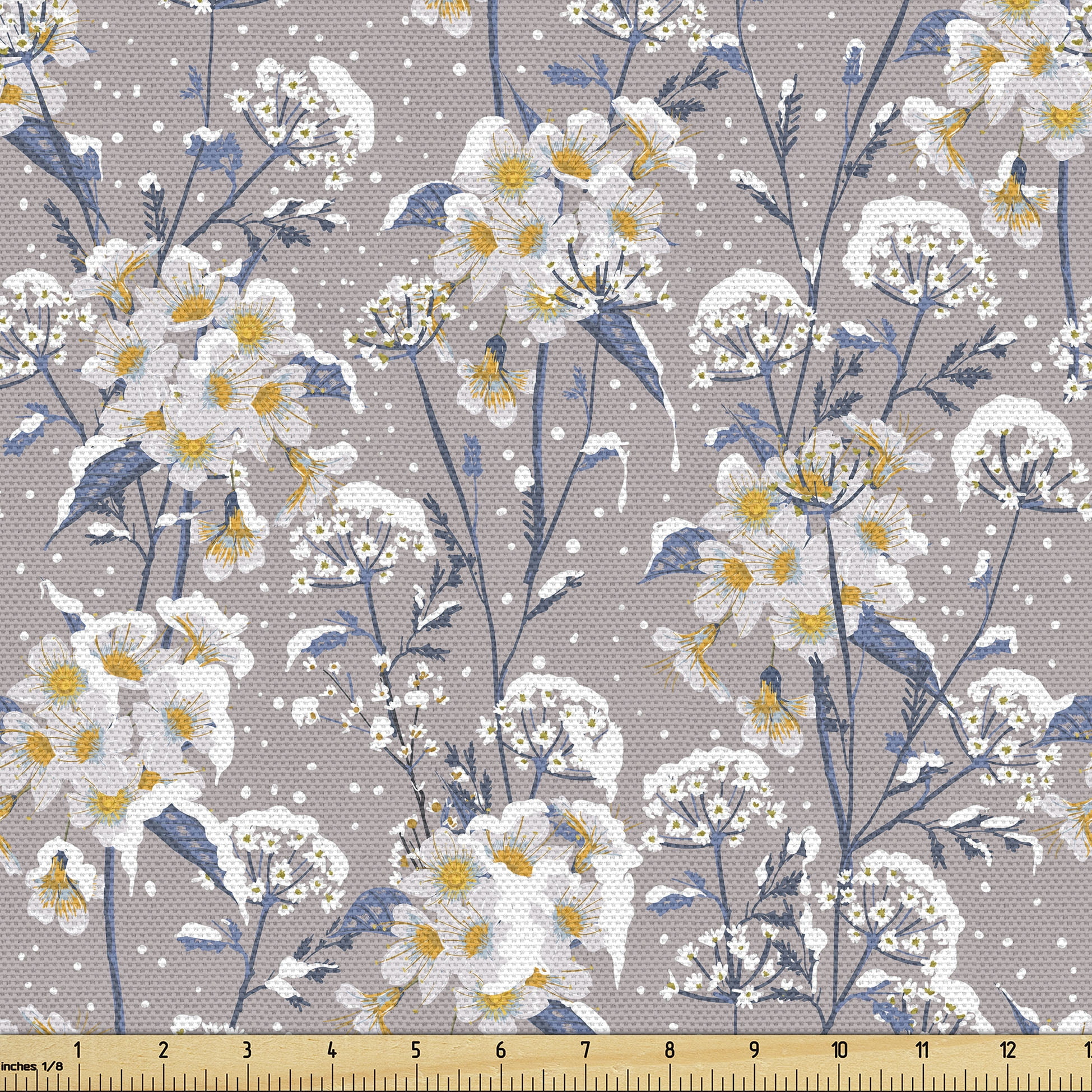 Ambesonne Floral Fabric by the Yard Upholstery, Winter Snowy Meadow ...